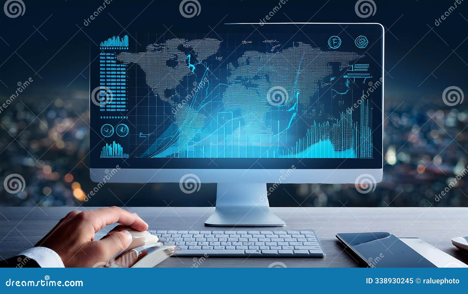 A Hand Navigates a Computer Displaying a World Map with Data ...