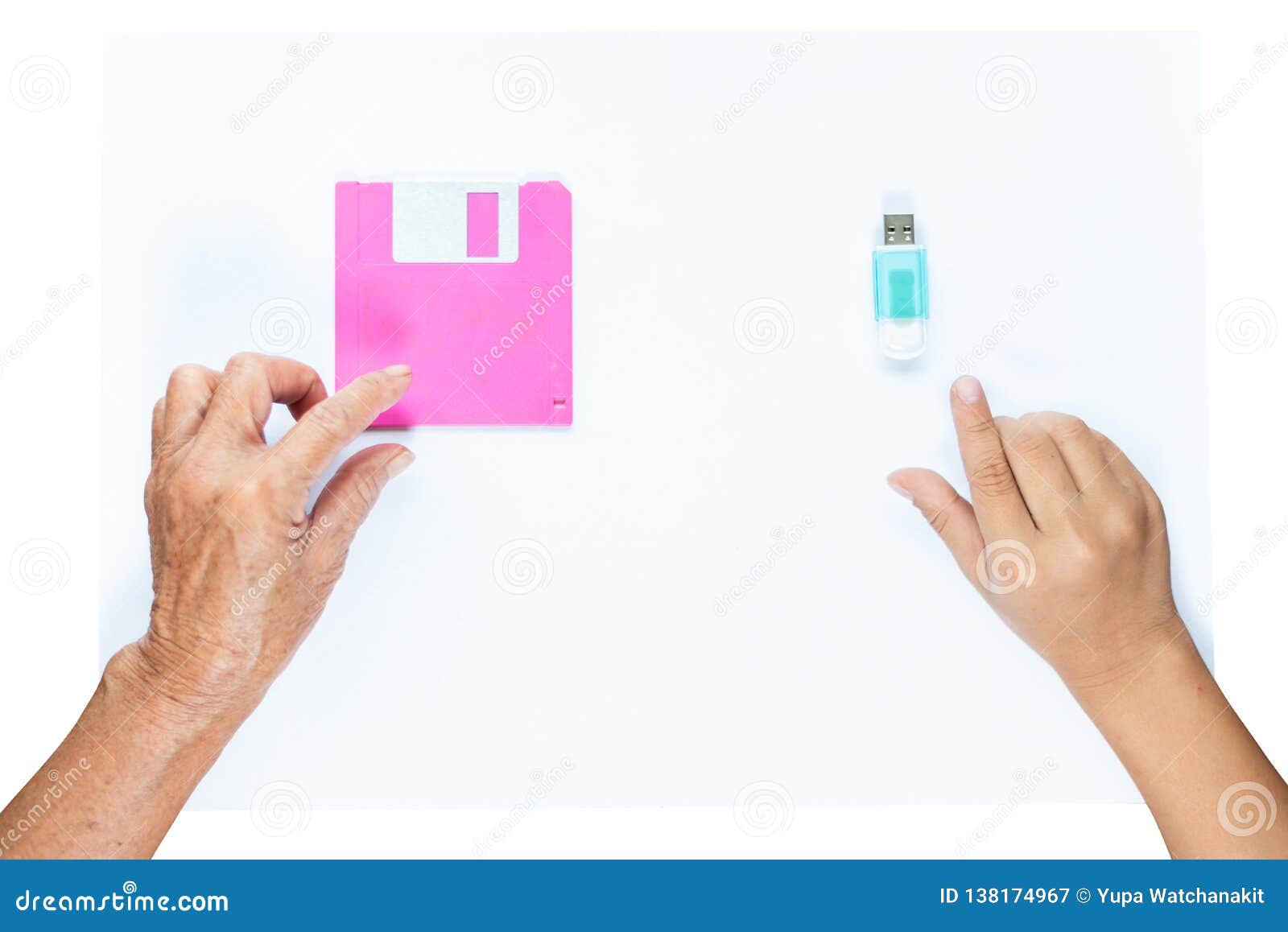 Hand of Old Woman Picking Up Floppy Disk and Hand of Young Girl Picking ...