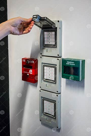 Hand Open Electric Box Switch Near the Push in Pull Down Switch Stock ...