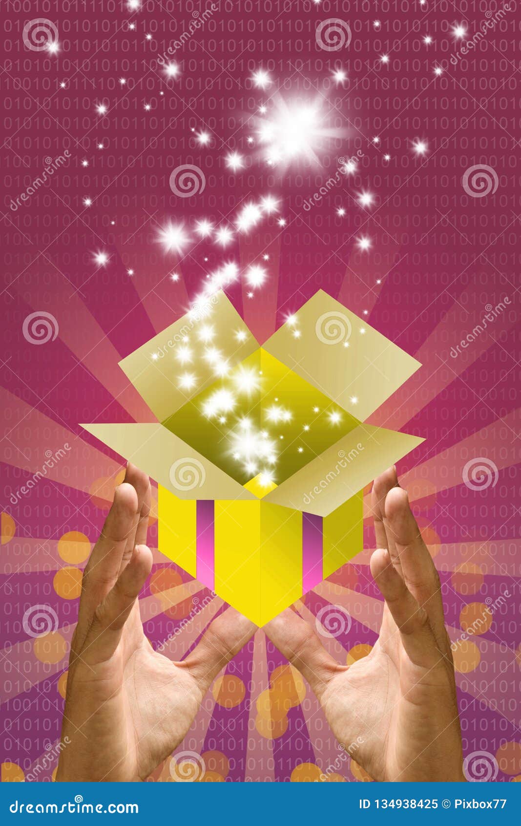 Hand Open Gift Box with Magic Light Flying Out Stock Image - Image of ...