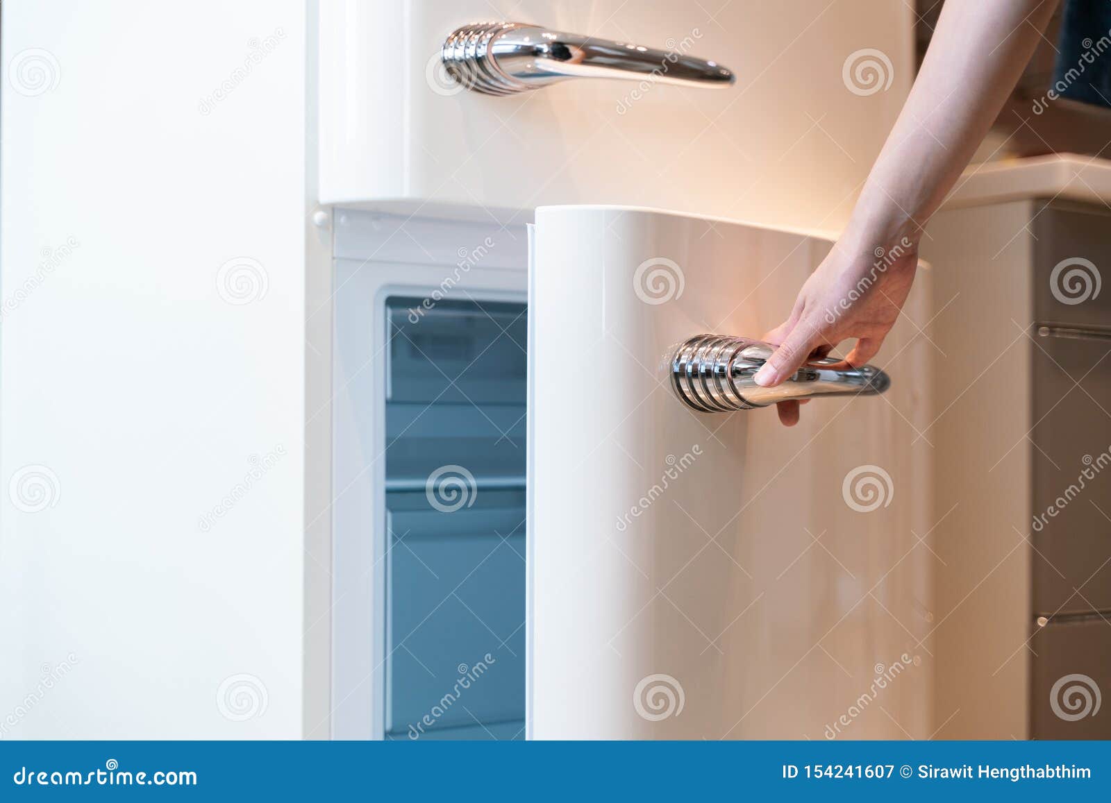 Hand Open Refrigerator Door in the Kitchen Stock Image - Image of ...