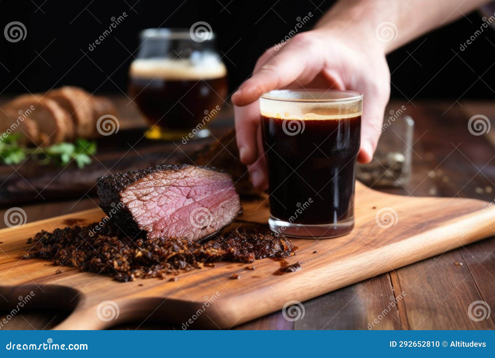 Hand Opening a Stout Next To Beef Brisket on a Board Stock Illustration ...