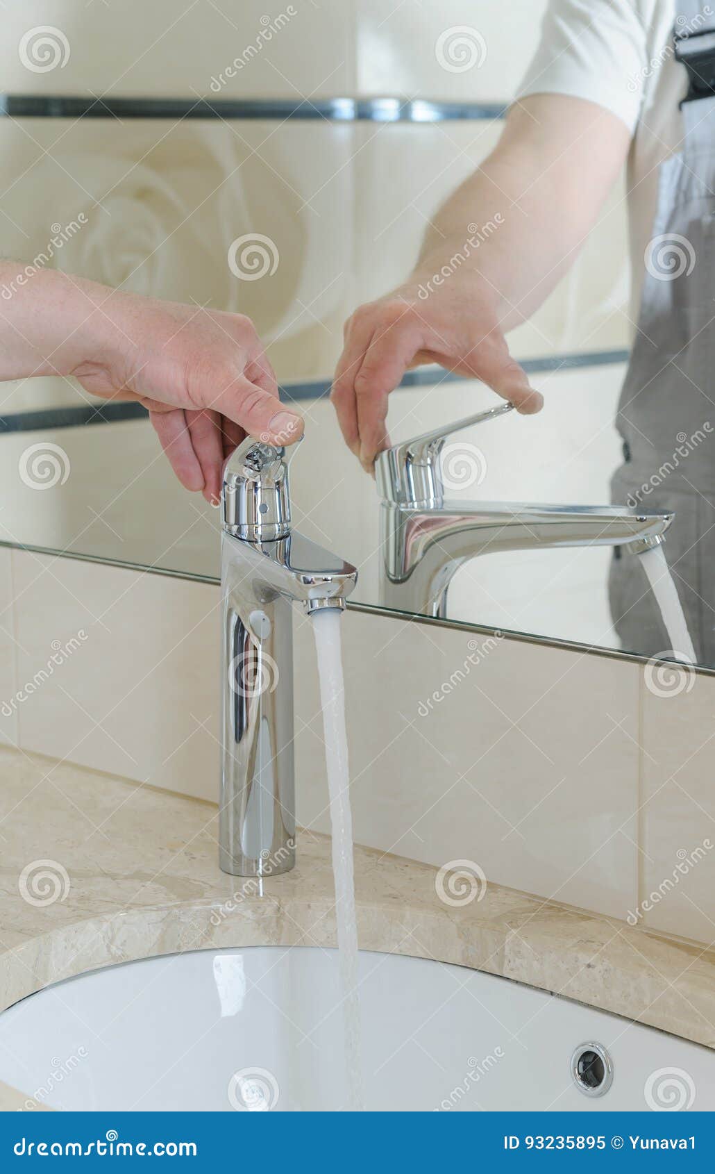 A Hand is Opening a Water Faucet. Stock Image - Image of drop, water ...