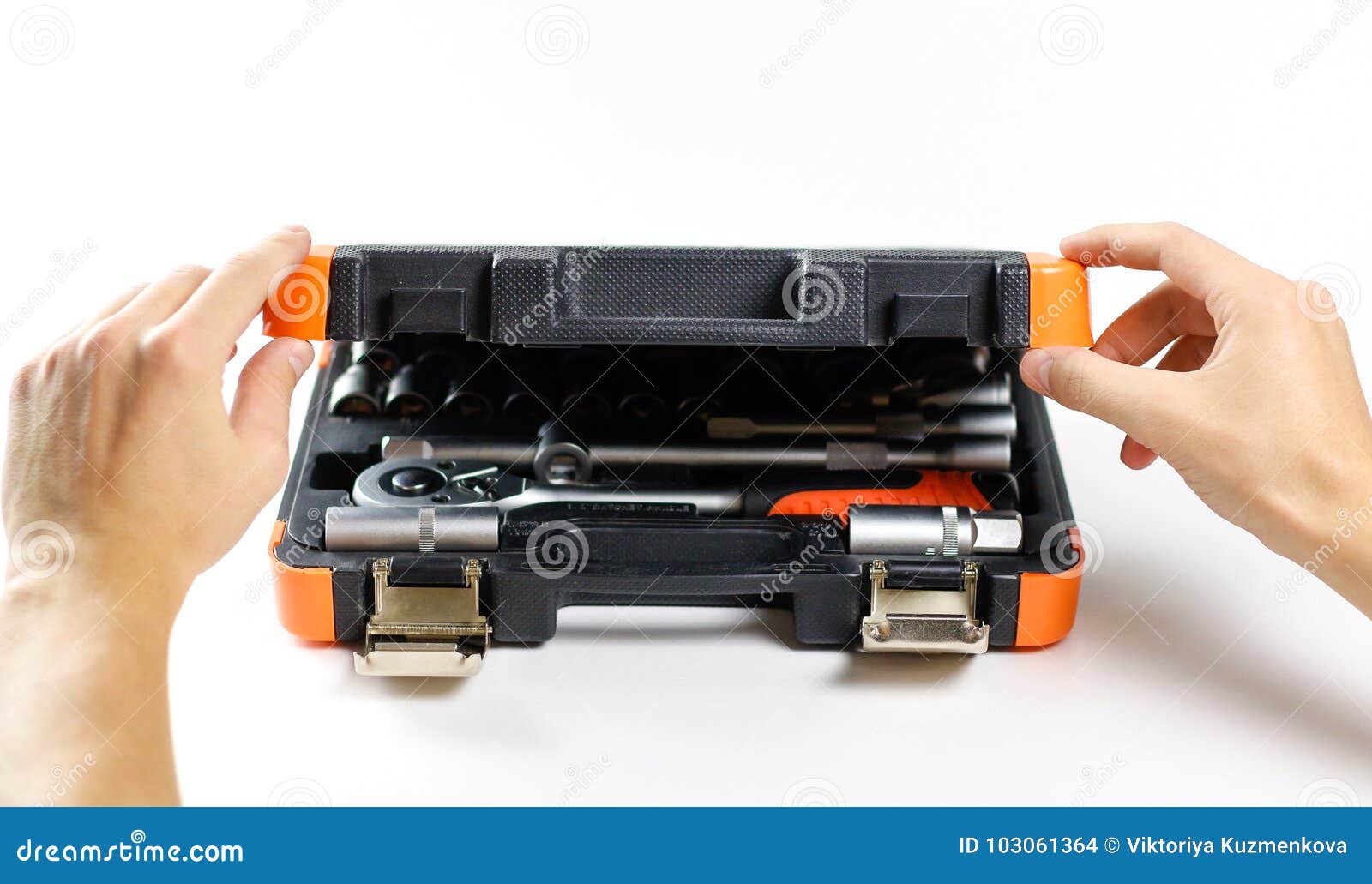 The Hand Opens a Box of Tools. Tool Kit for the Car Stock Photo - Image ...