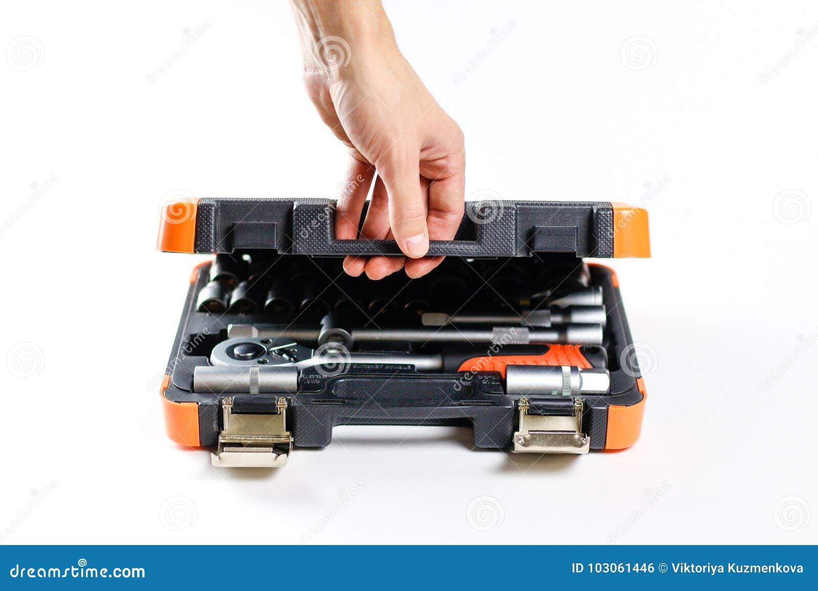 The Hand Opens A Box Of Tools. Tool Kit For The Car. Isolated On Stock ...