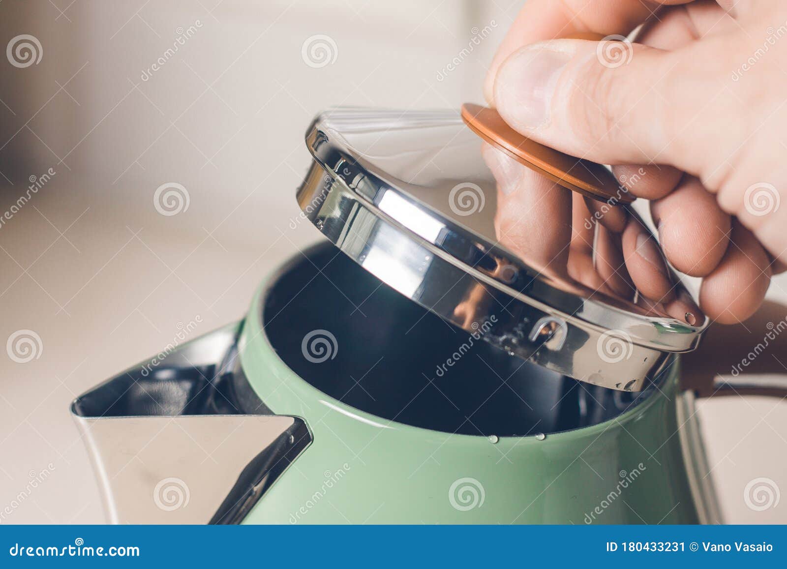 Hand Opens the Lid of the Electric Kettle Stock Image - Image of ...