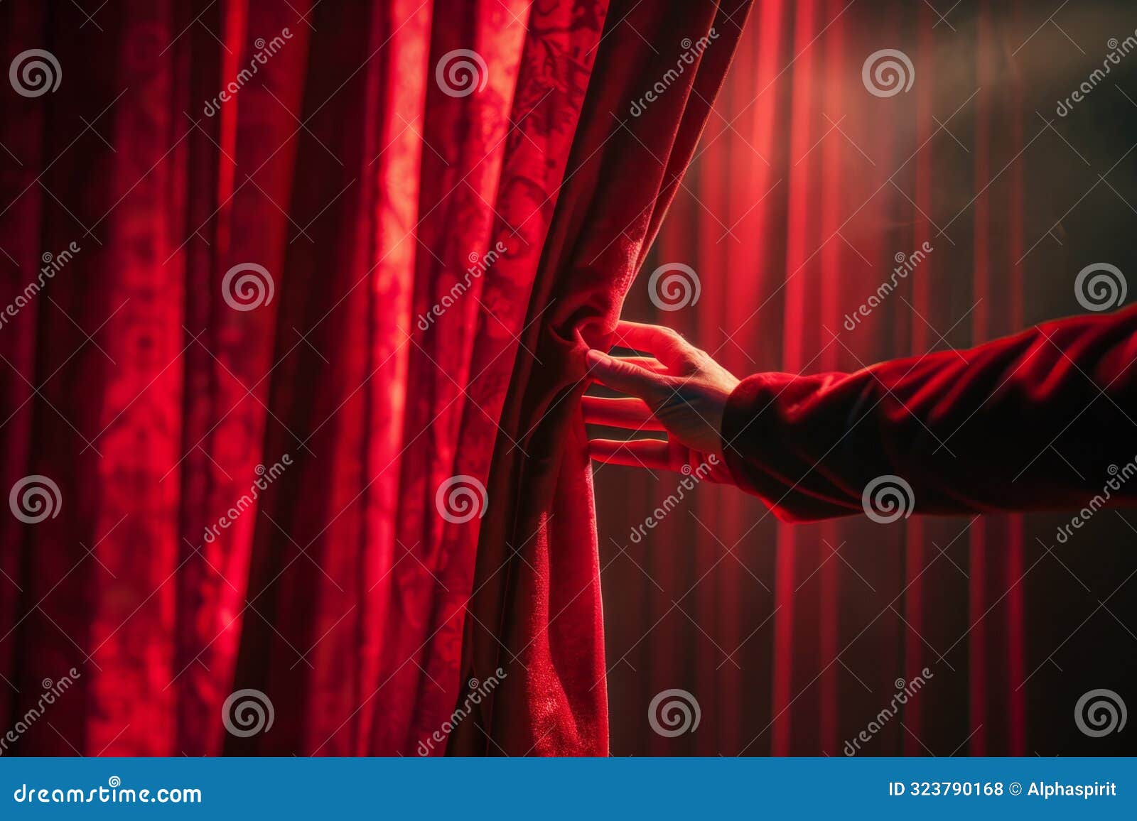 Hand Opens Red Curtain on Stage, Revealing Backstage Area Stock Photo ...