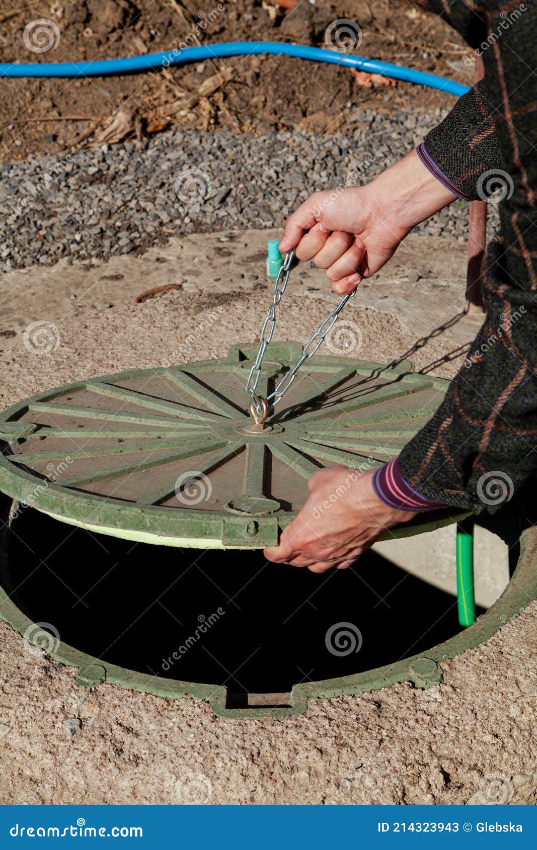 Hand Opens Sewer Hatch in Yard Stock Image - Image of device, outdoors ...