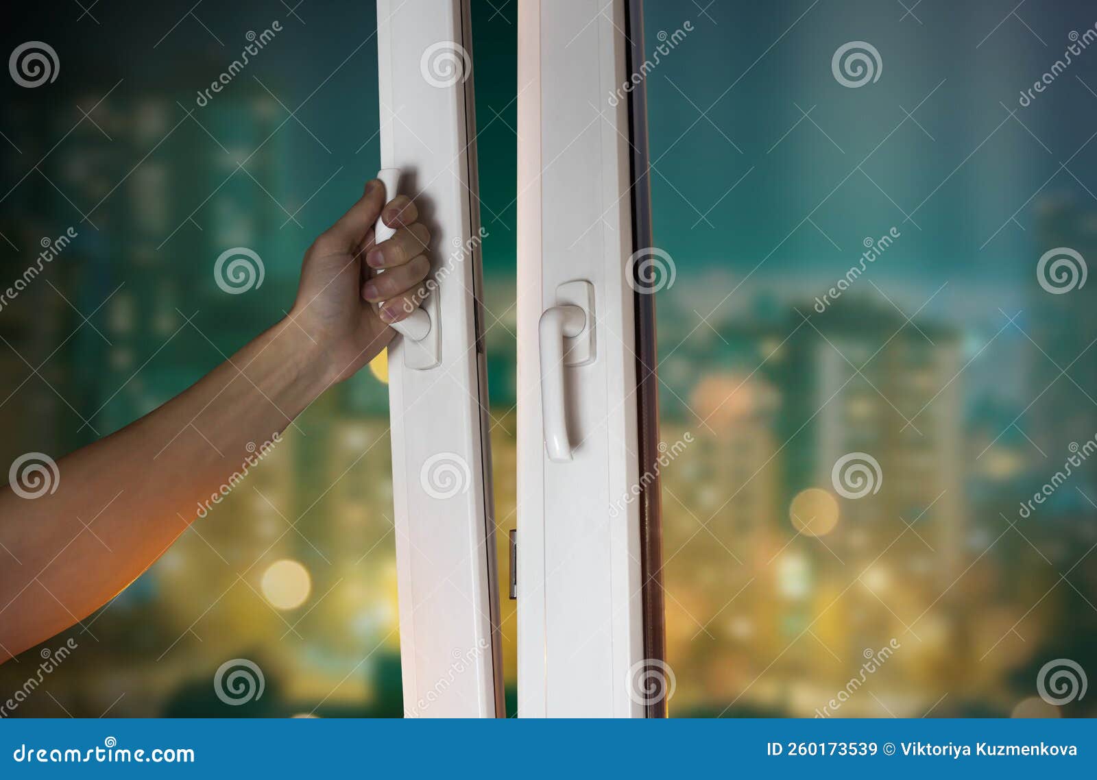 Hand Opens the Window with a View of the Night City Stock Image - Image ...