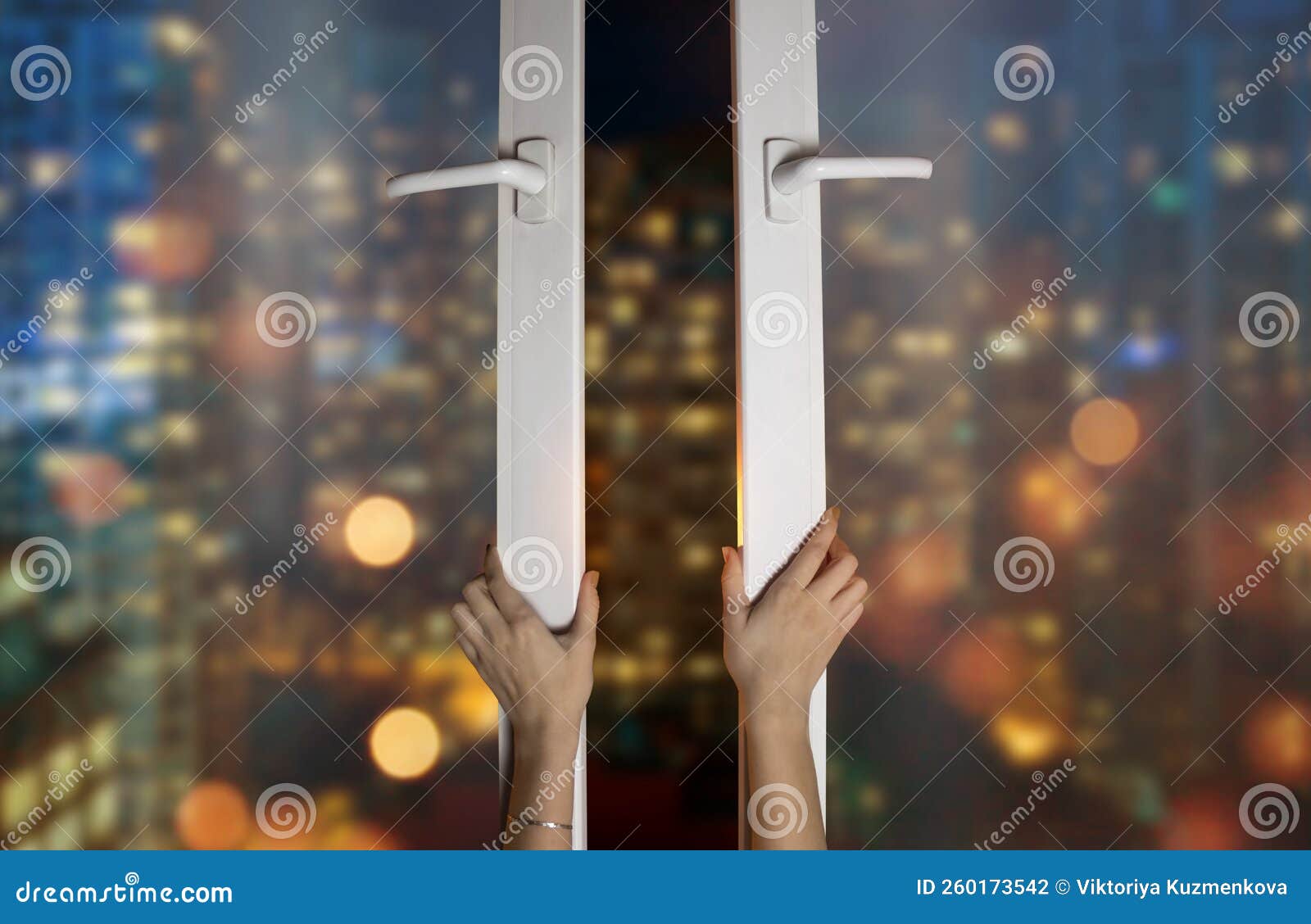 Hand Opens the Window with a View of the Night City Stock Photo - Image ...