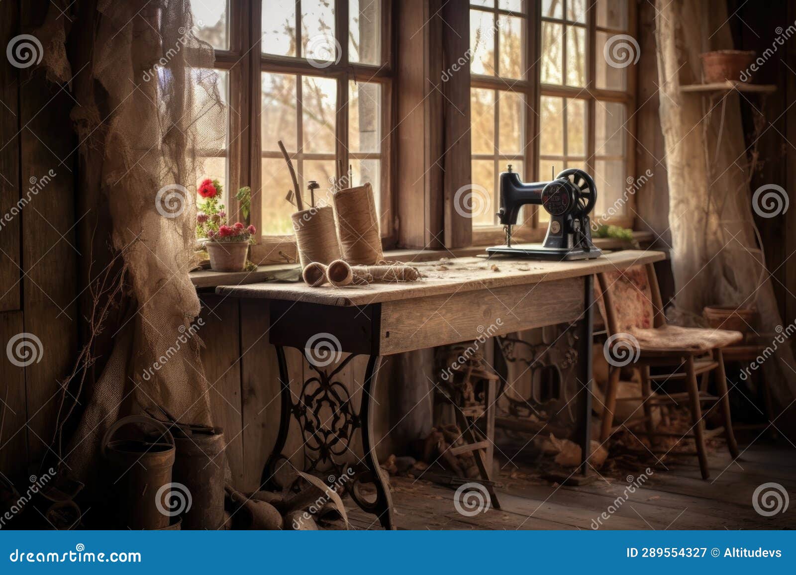 Hand-operated Sewing Machine in Rustic Setting Stock Image - Image of ...