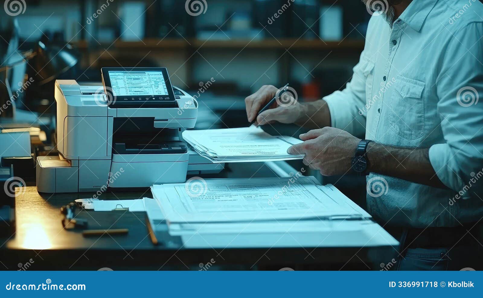 Hand Operating a High-tech Printer in an Office Setting, Focused on ...