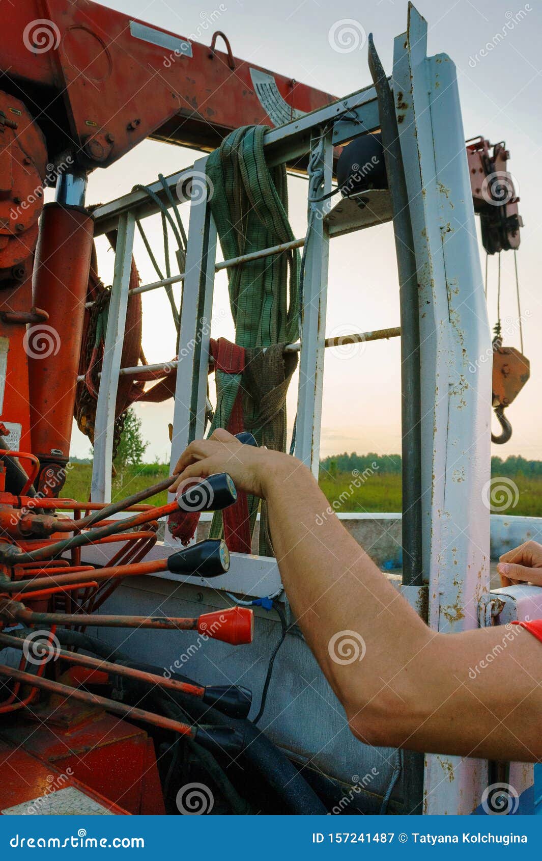 Hand of Operator Work with Levers of Authentic Crane Truck Hydraulic ...