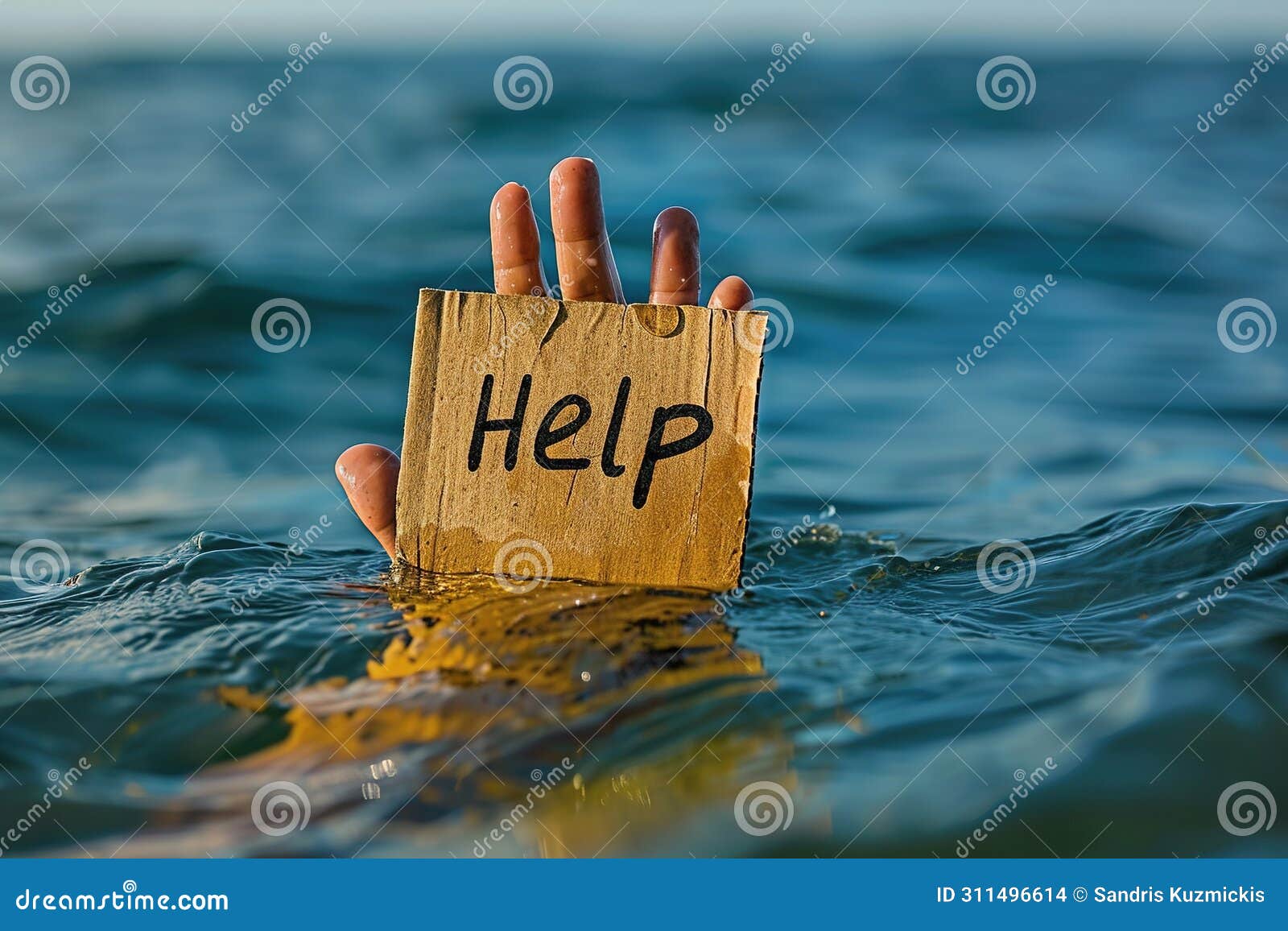 Hand Out of the Water Holding Sign "Help". Generative AI Stock ...