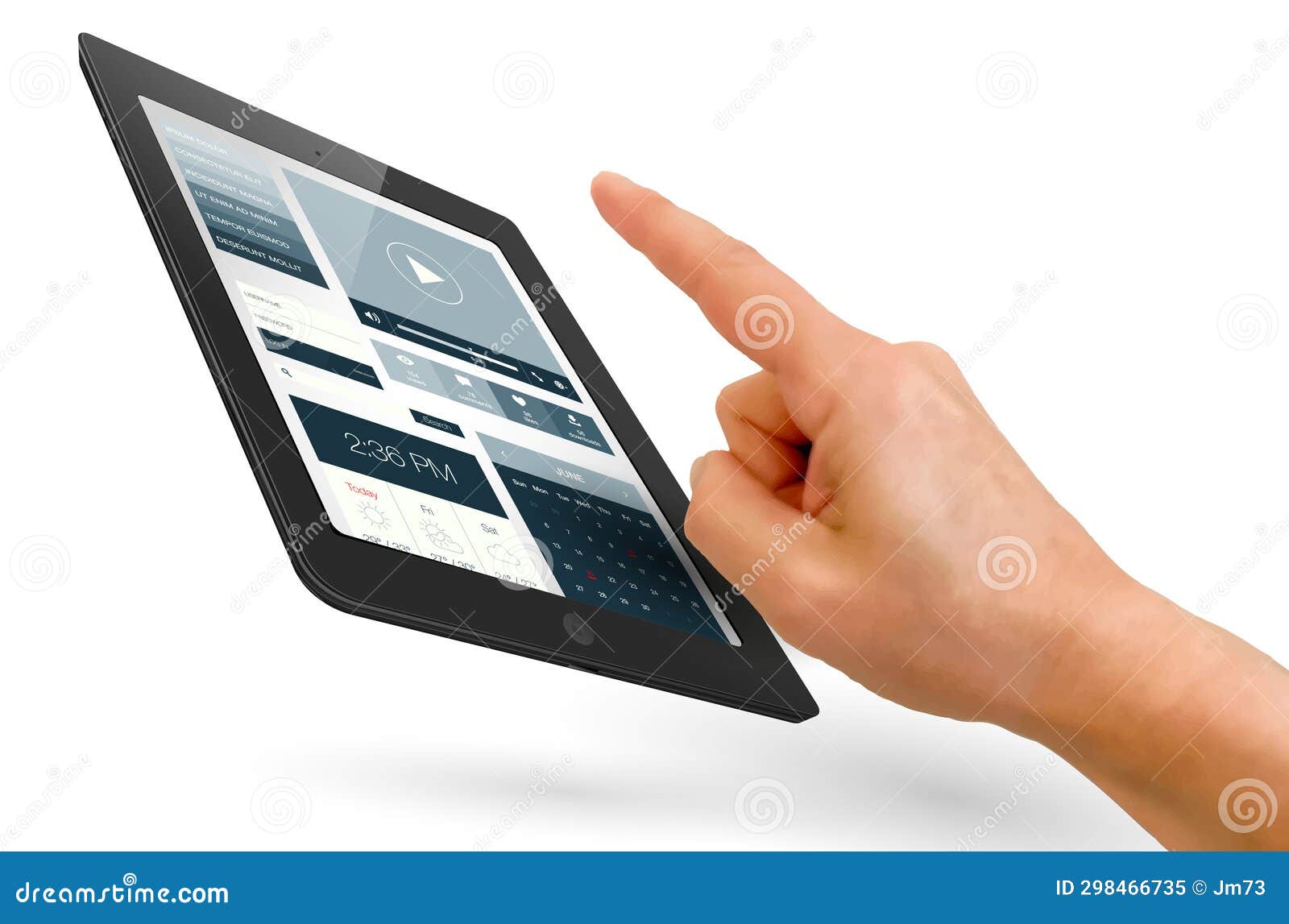 Hand with Outstretched Index Finger and Tablet Touch Screen Stock ...