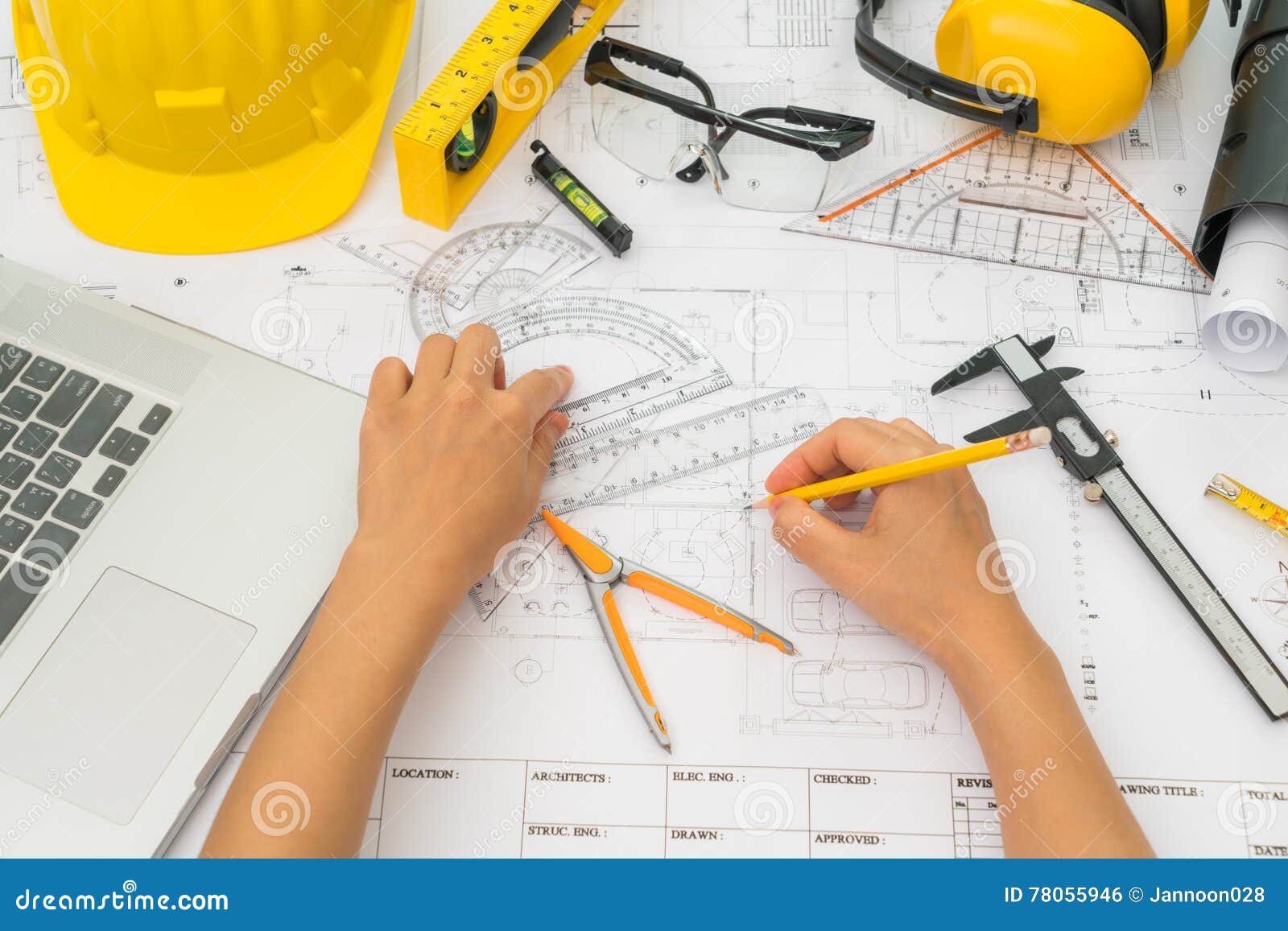 Hand Over Construction Plans with Yellow Helmet and Drawing Tool Stock ...