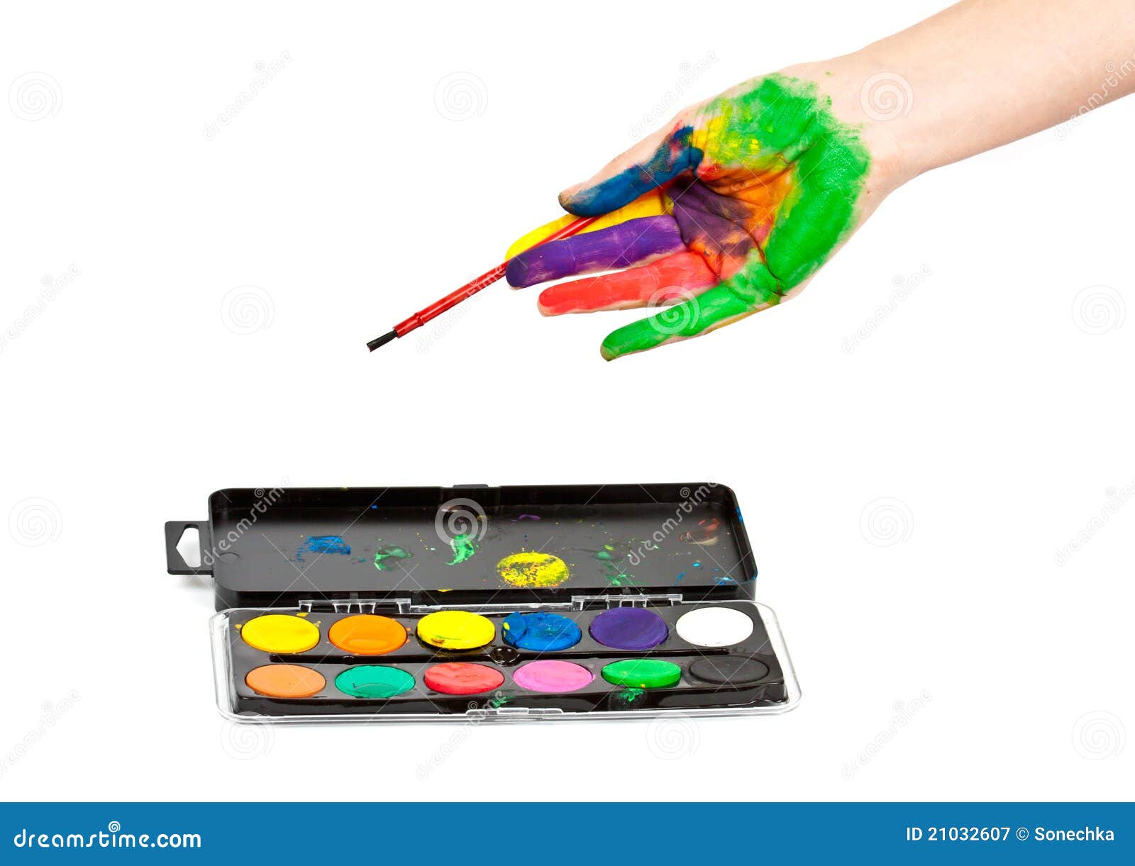 Hand in paint with brushes stock image. Image of childhood - 21032607