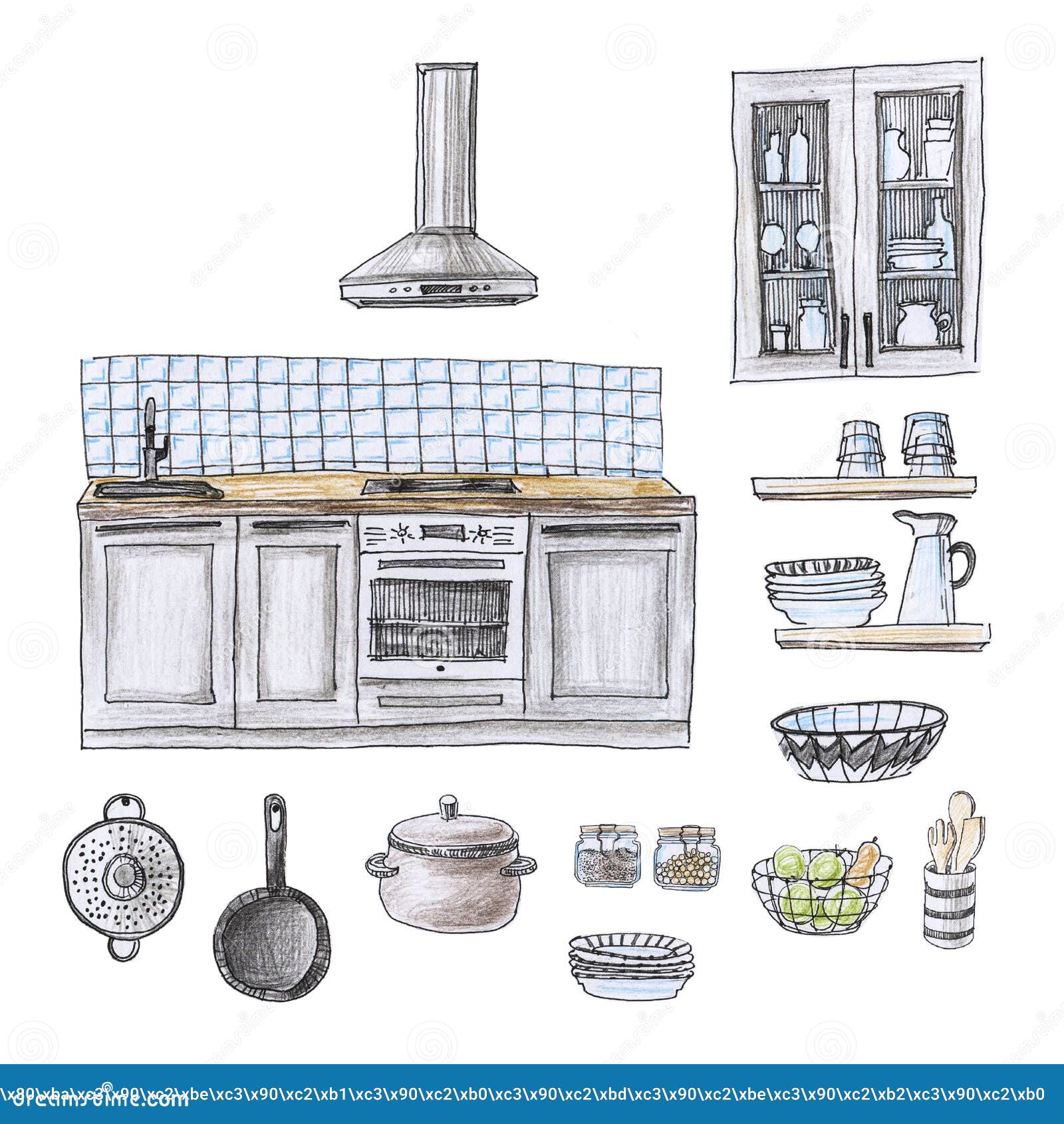 Hand Paint Watercolor Kitchen Set Pattern. (Can Be Used As Texture for ...
