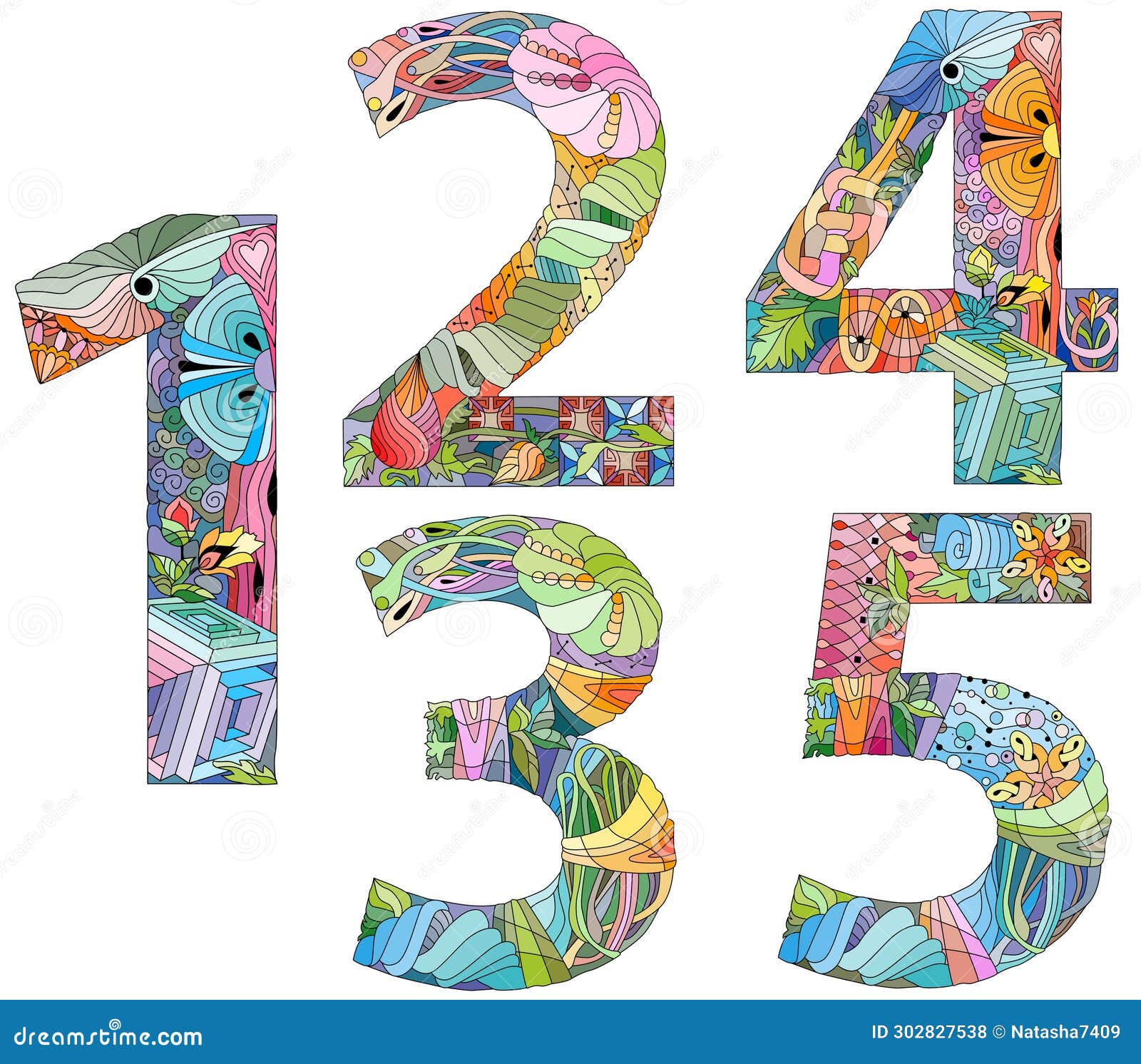 Set of Numbers One, Two, Three, Four, Five. Zentangle. Vector ...