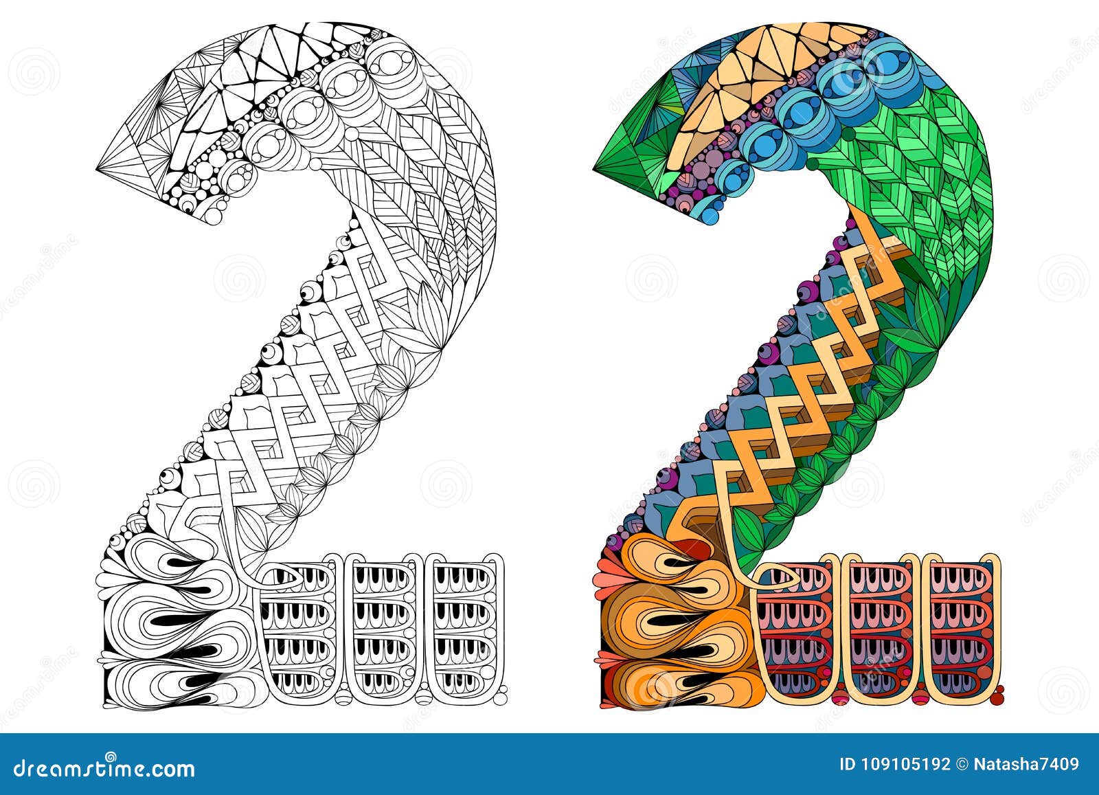 Number Two Zentangle for Coloring. Vector Decorative Object Stock ...