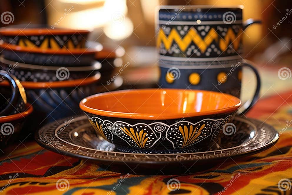 Hand Painted Ceramic Dishware with Traditional African Patterns Stock ...