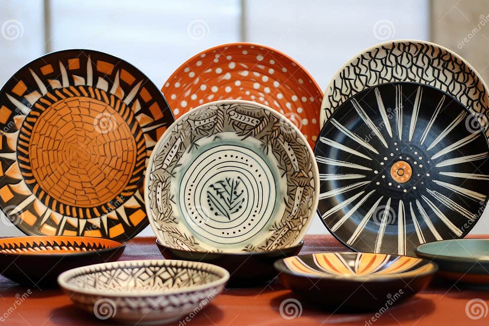 Hand-painted Ceramic Plates in Various Patterns and Colors Stock Photo ...