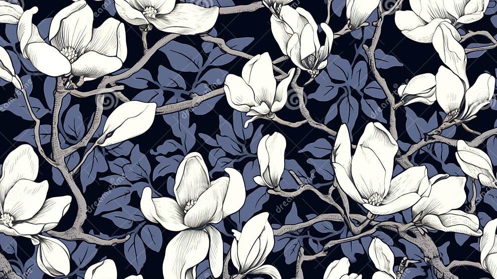 Magine Block Print Style Rendering Half-drop Repeat Pattern with Leaves ...