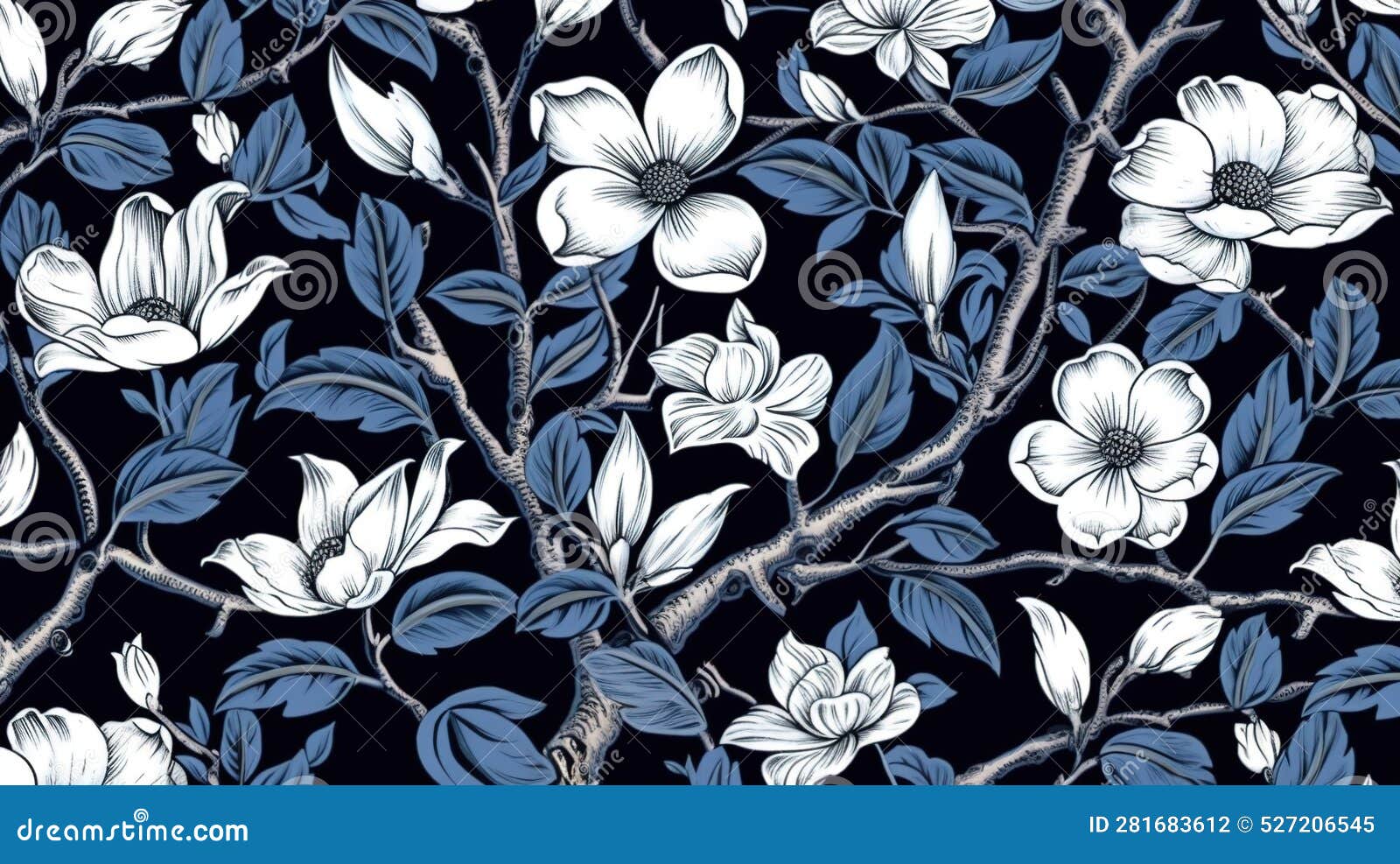 Magine Block Print Style Rendering Half-drop Repeat Pattern with Leaves ...