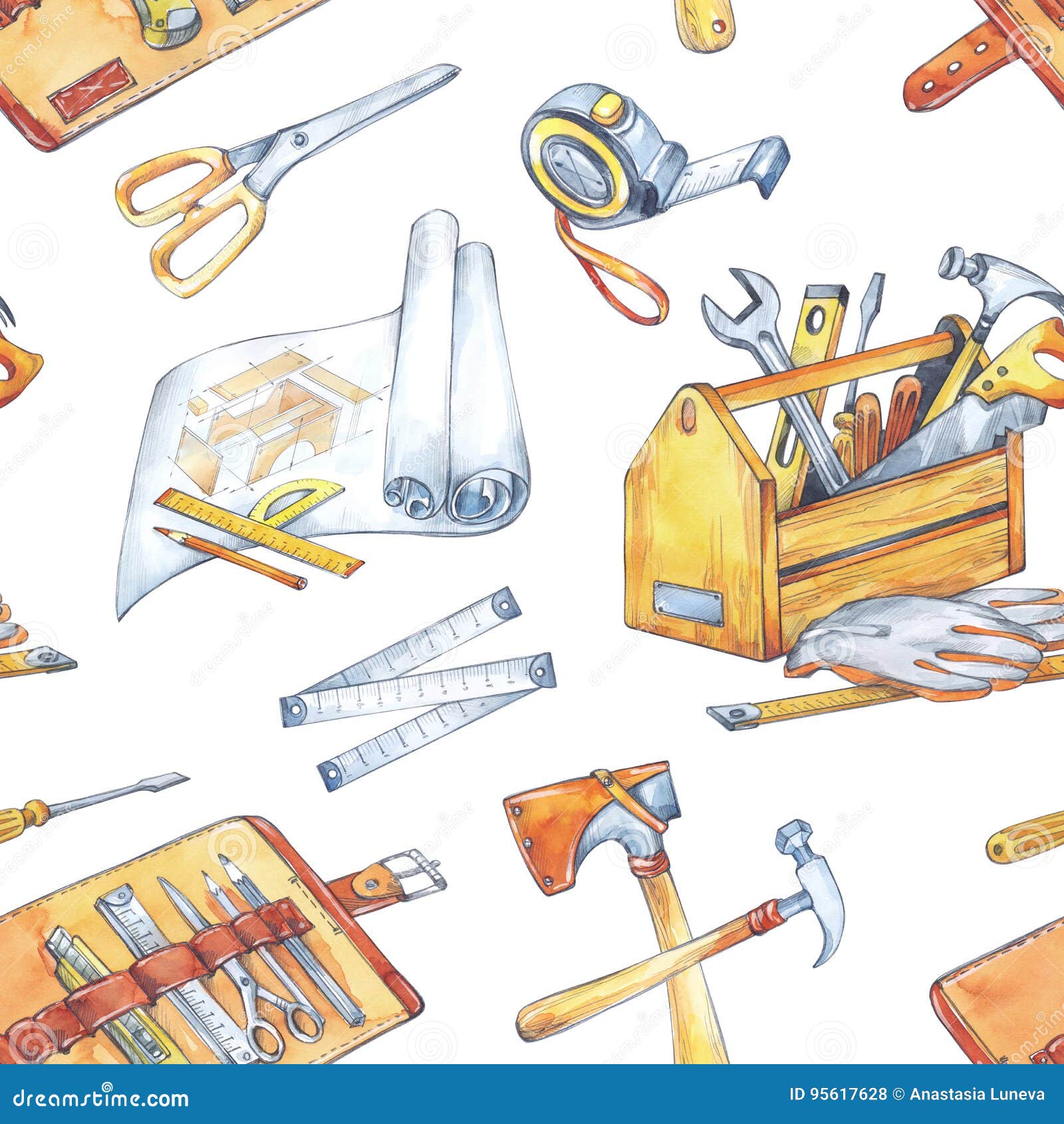 Hand Painted Men`s Work Illustration. Seamless Pattern with Carpentry ...