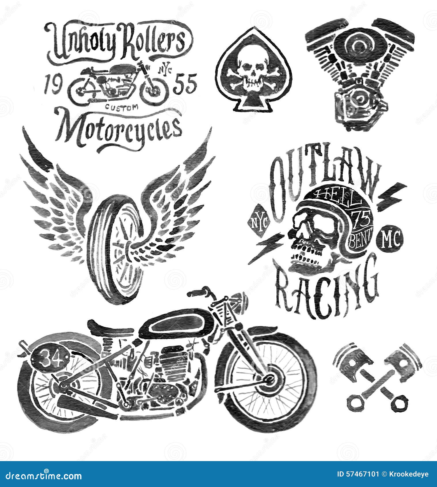 Hand Painted Motorcycle Elements Stock Illustration - Illustration of ...