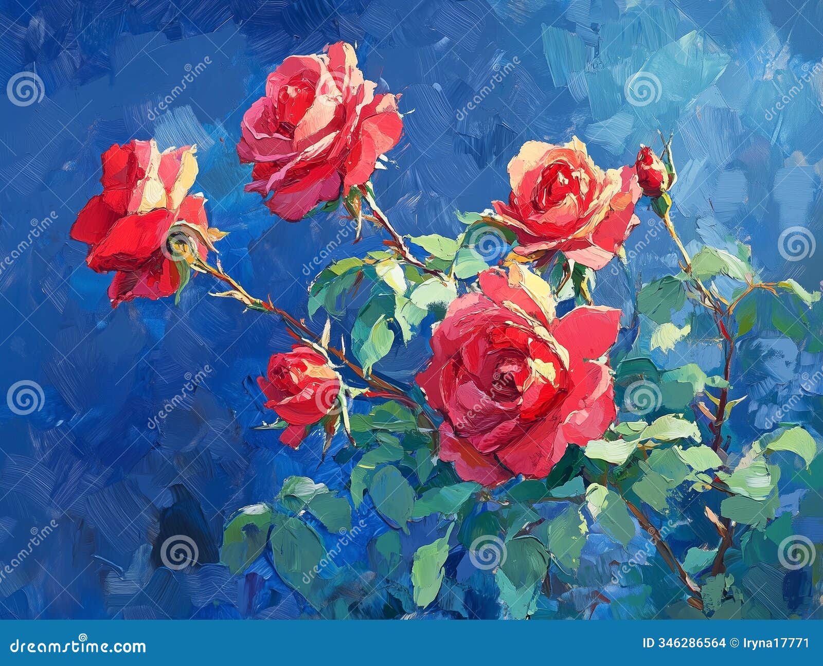 Hand Painted Red Roses on Blue Background Stock Illustration ...