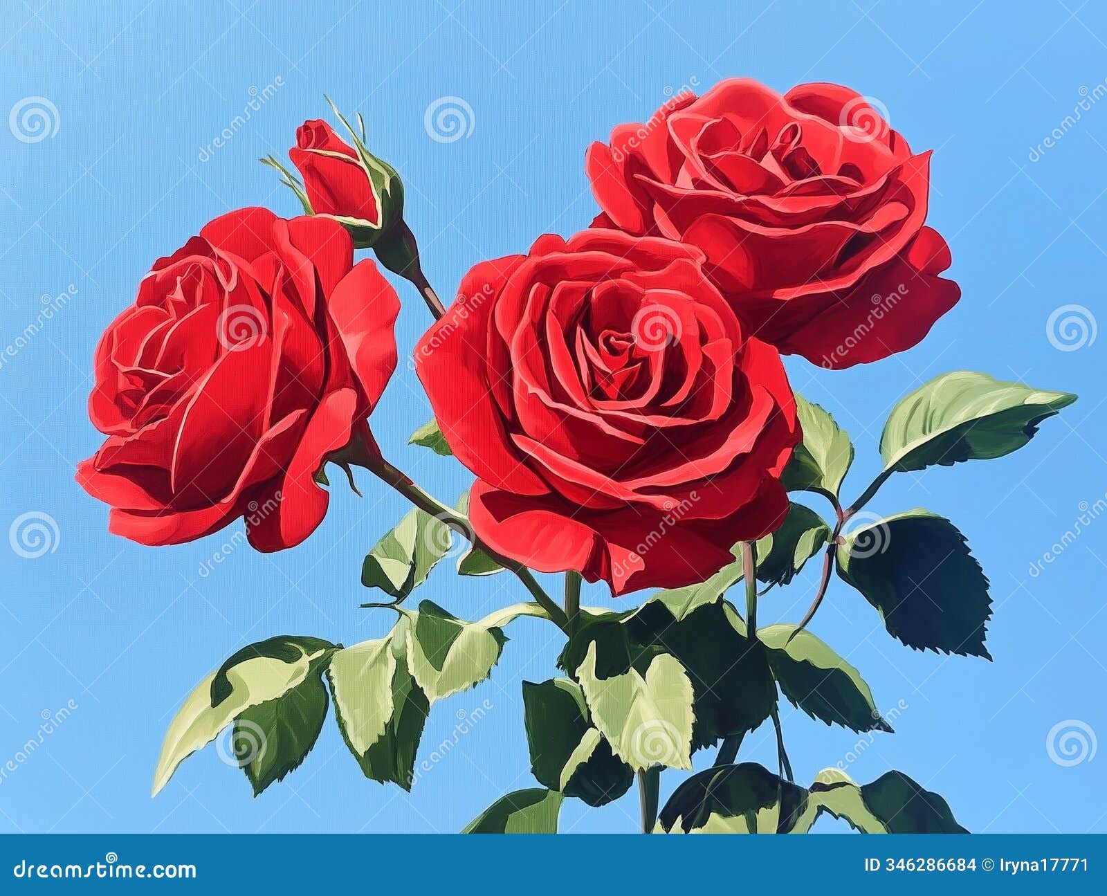 Hand Painted Red Roses on Blue Background Stock Illustration ...