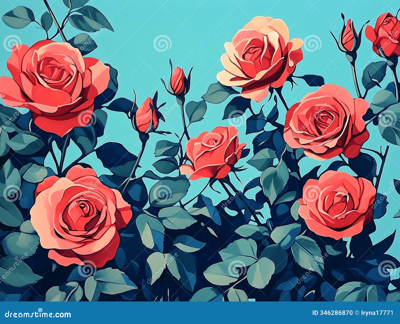Hand Painted Red Roses on Blue Background Stock Illustration ...