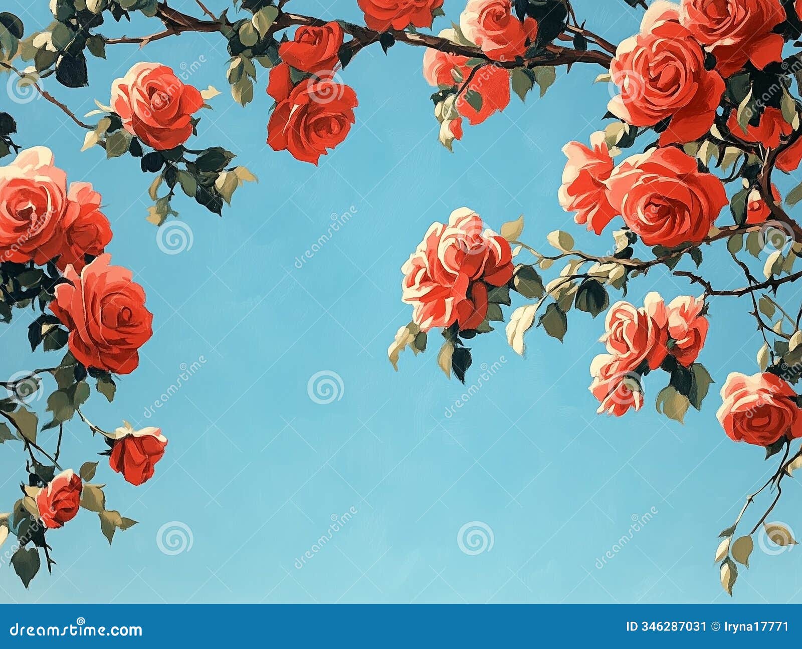 Hand Painted Red Roses on Blue Background Stock Illustration ...