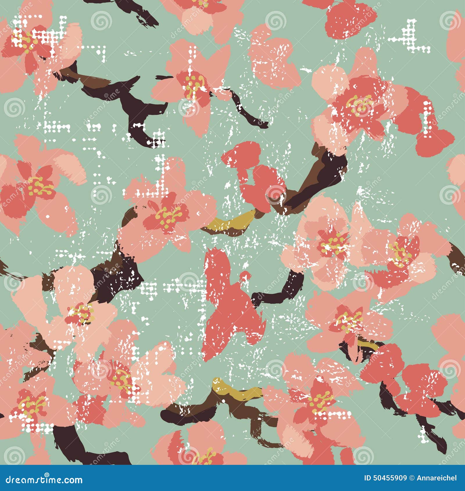 Hand Painted Sakura Seamless Pattern on Turquoise Background Stock ...