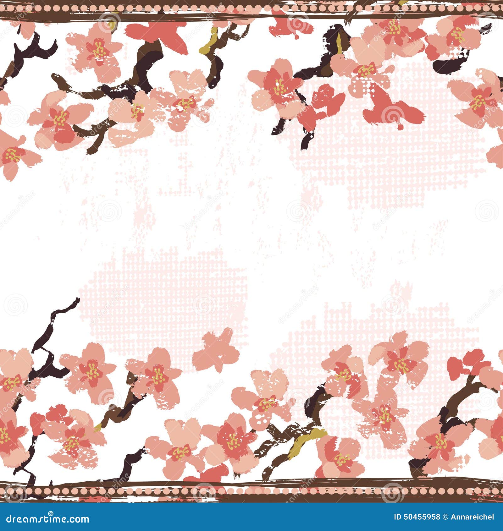 Hand Painted Textured Blooming Sakura Horizontal Seamless Border Stock ...
