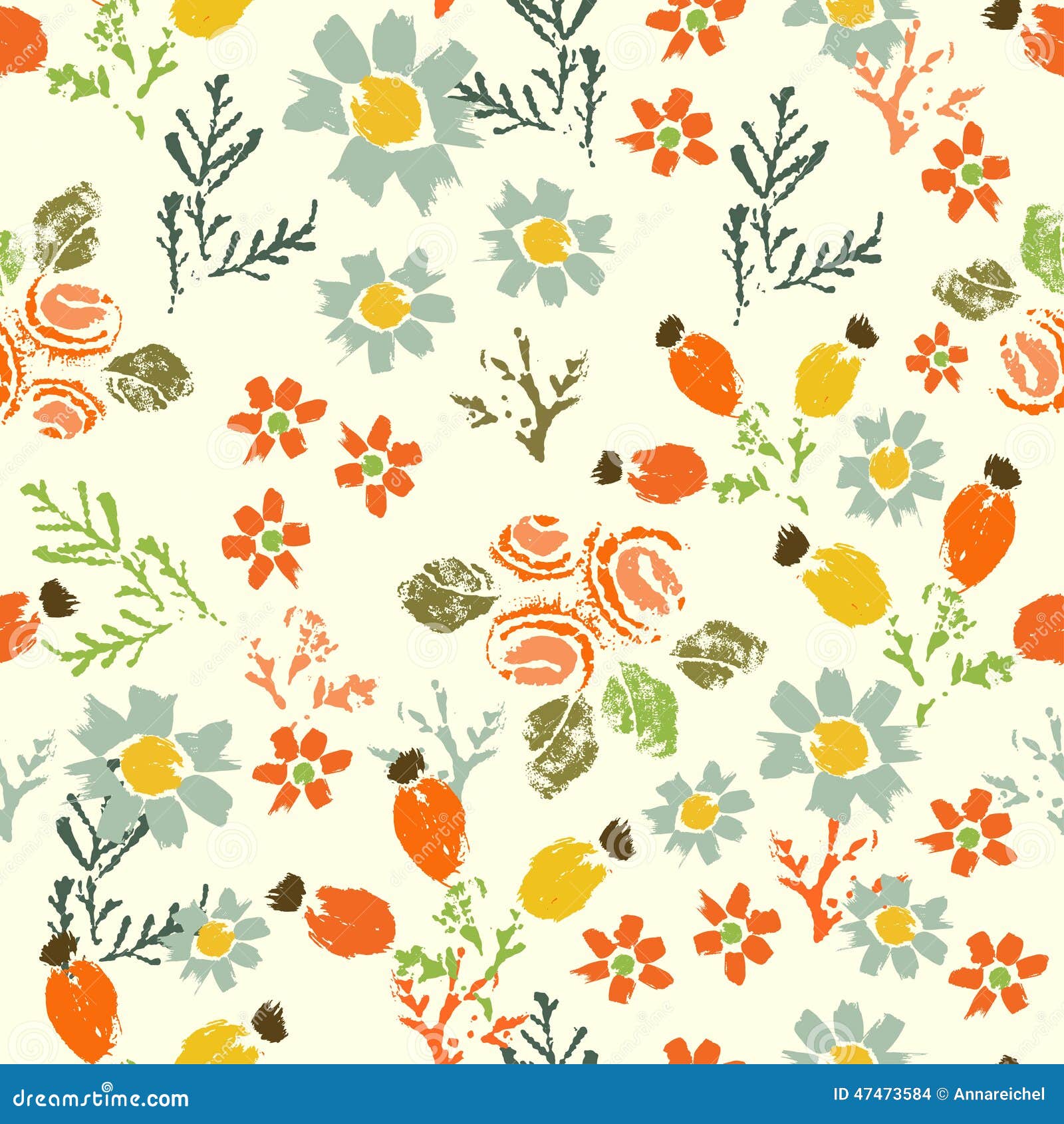 Hand Painted Textured Forest Flowers and Berries Seamless Patt Stock ...