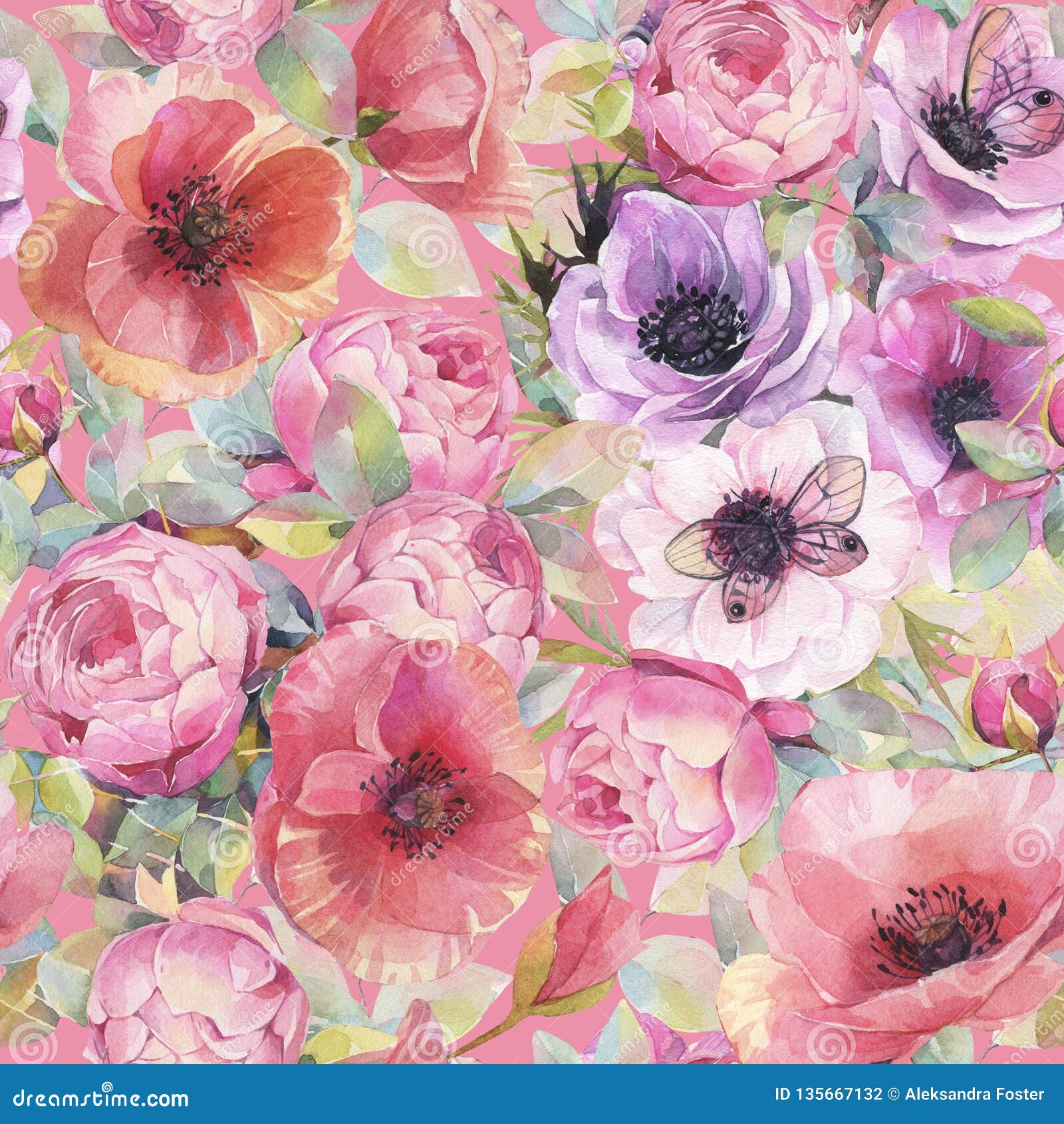 Watercolor Seamless Pattern With Flowers Anemones Poppies Roses And
