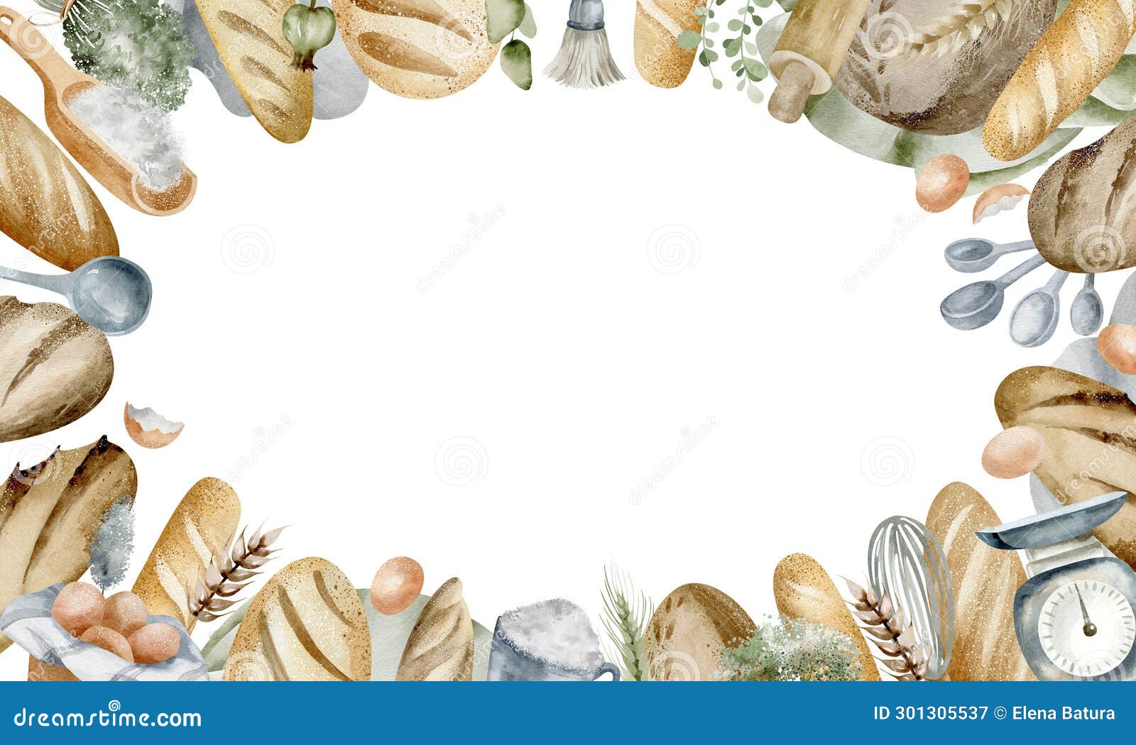 Rustic Baking Ingredients Watercolor Border Stock Illustration ...