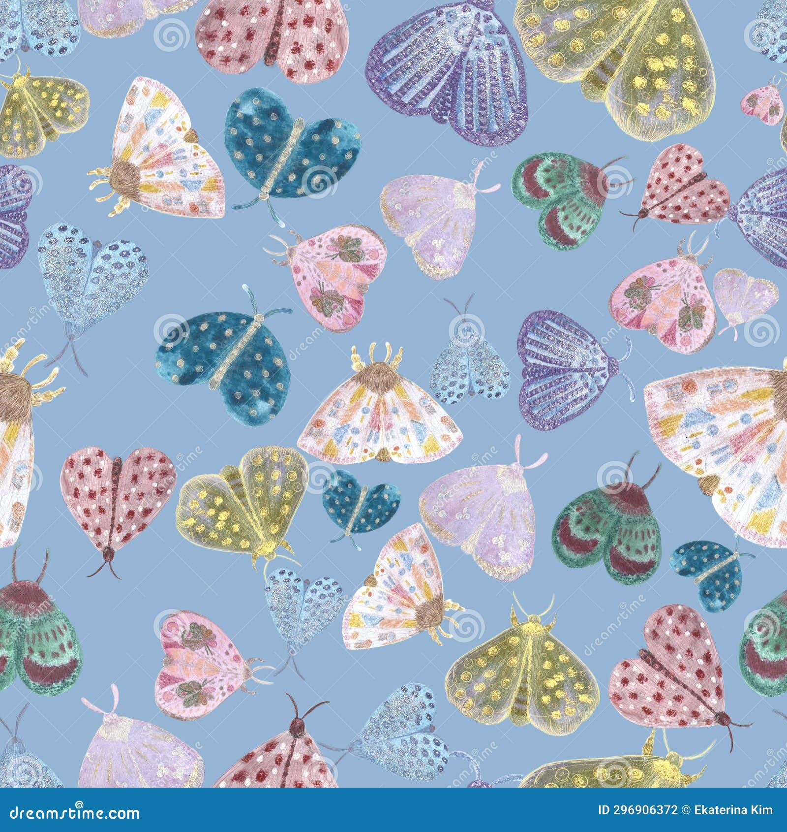 Hand Painted Watercolor Delicate Moth Pattern on Blue Background Stock ...