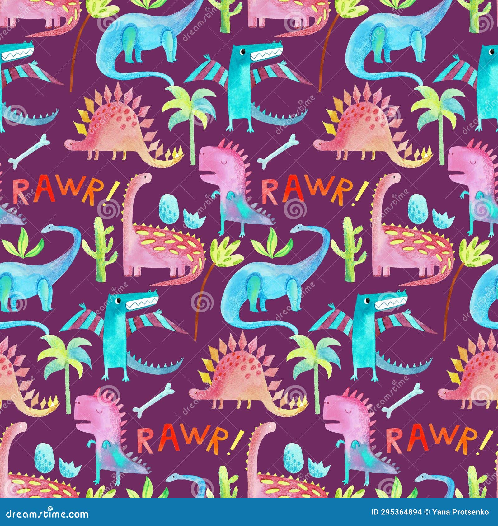 Pattern with Dinosaurs in Watercolor, Illustration Stock Illustration - Illustration of print ...