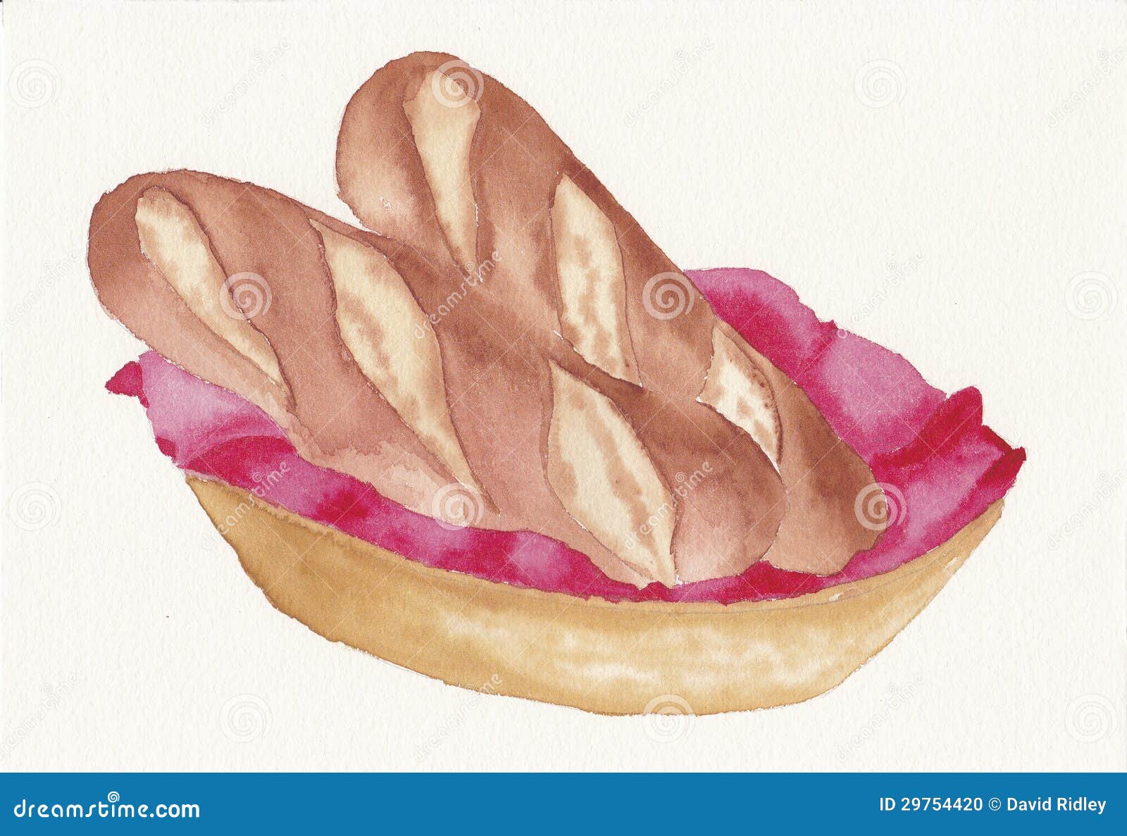 Hand Painted Watercolor of Fresh Bread in Basket Stock Illustration ...