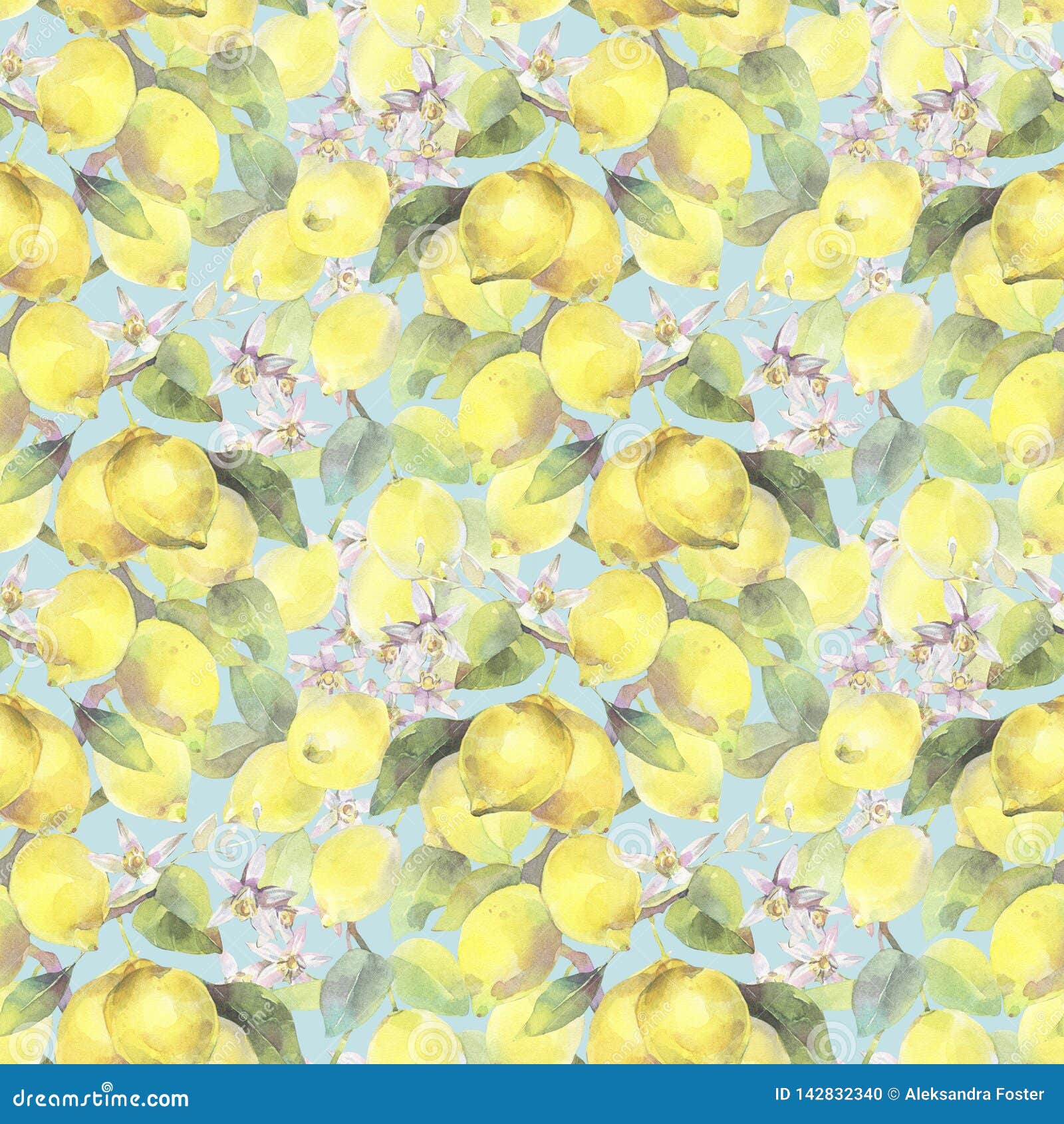 Hand Painted Watercolor Illustration. Seamless Pattern with Lemon Tree ...
