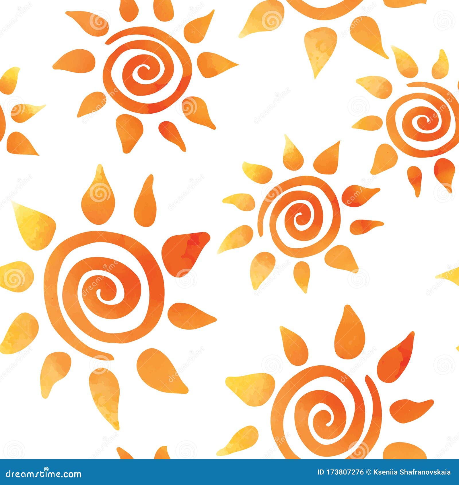 Hand Painted Watercolor Orange Abstract Sun Summer Vector Seamless ...