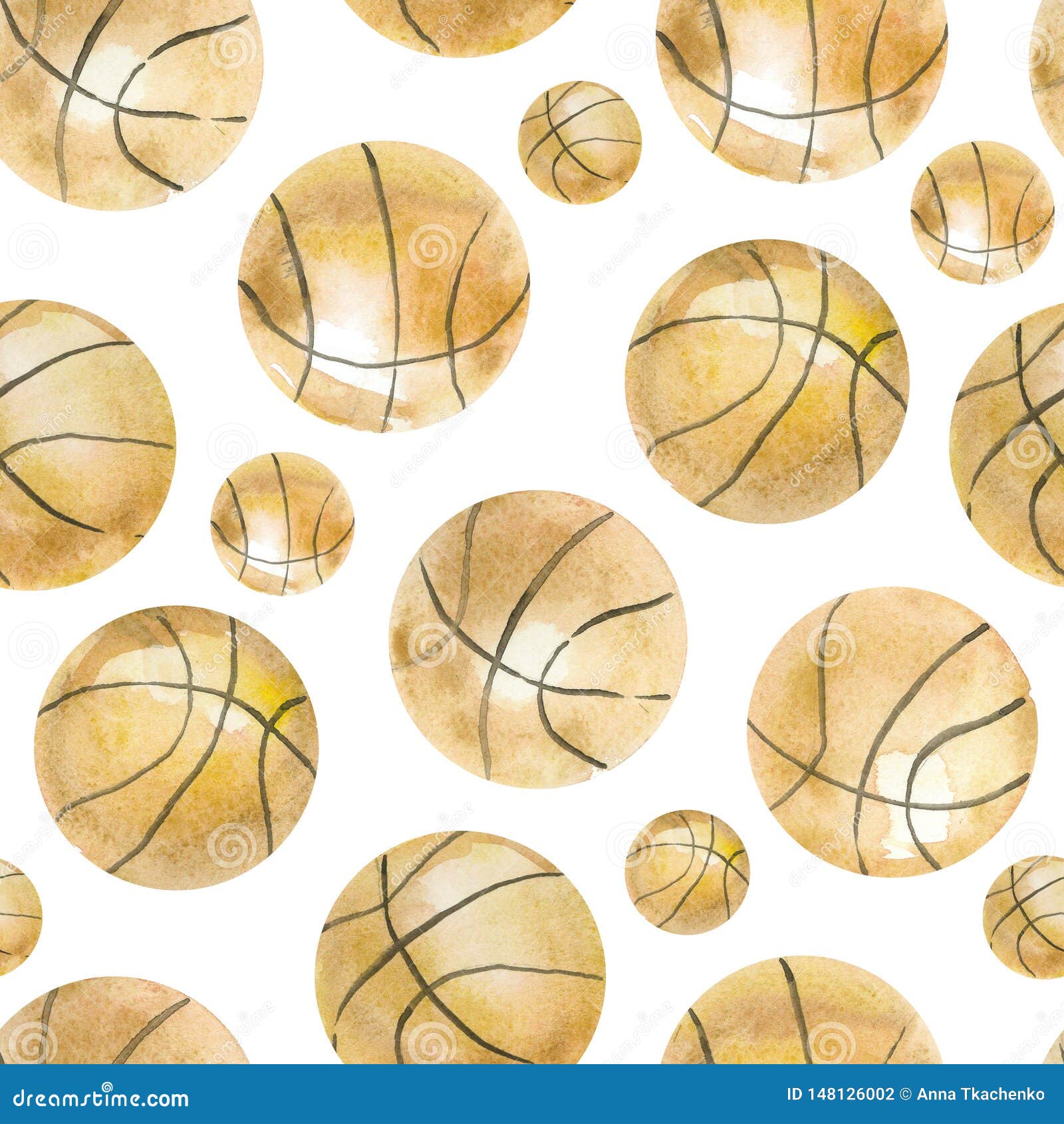 Hand Painted Watercolor Seamless Pattern Basketball Stock Illustration ...