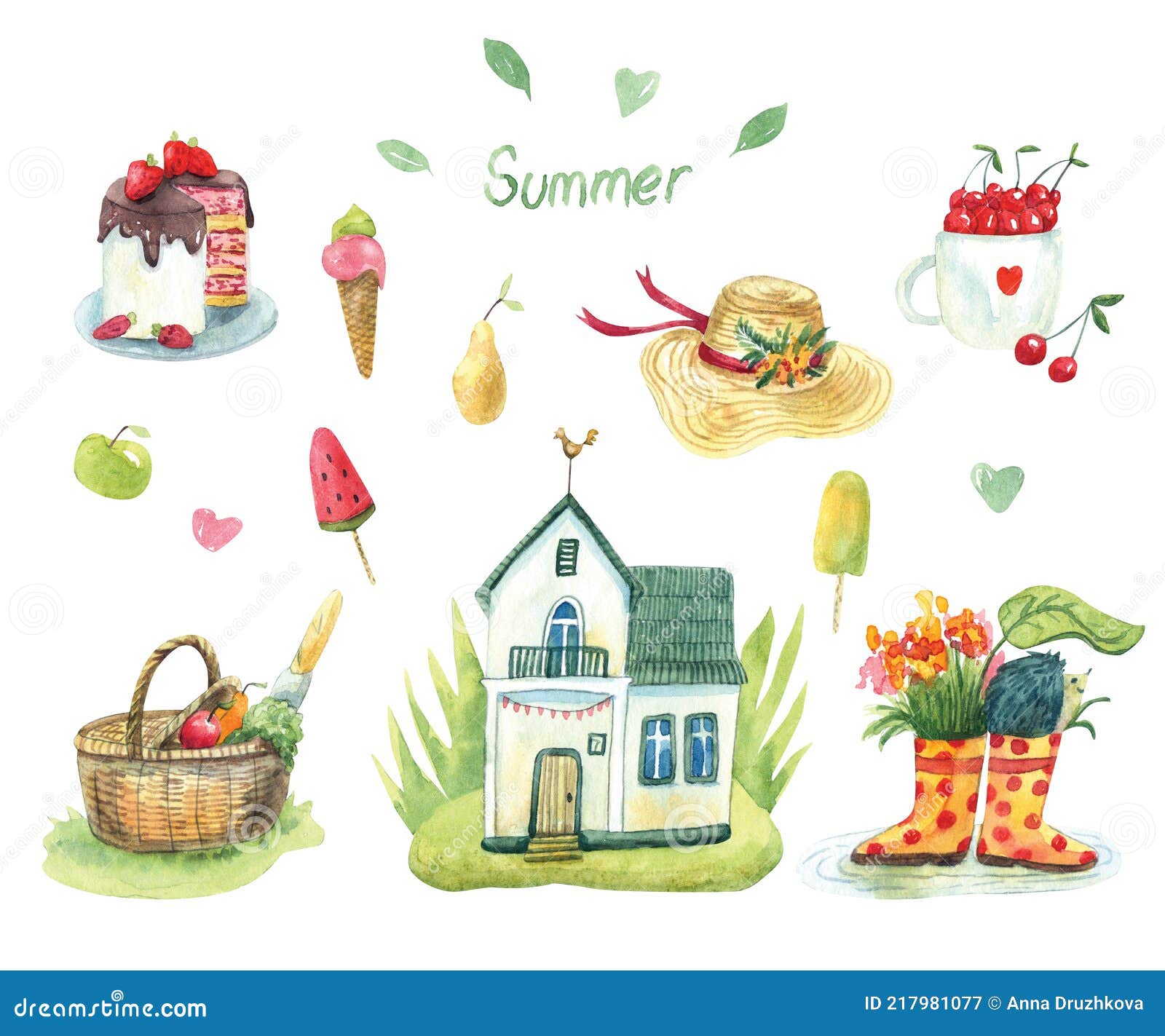 Hand Painted Watercolor Set or Clipart with Summer Cottage Stock ... Hand Painted Watercolor Set or Clipart with Summer Cottage Stock ...