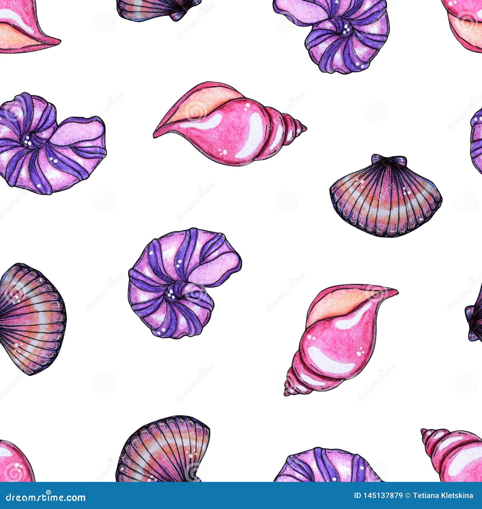 Hand Painted Watercolor Shells Seamless Pattern Stock Illustration ...