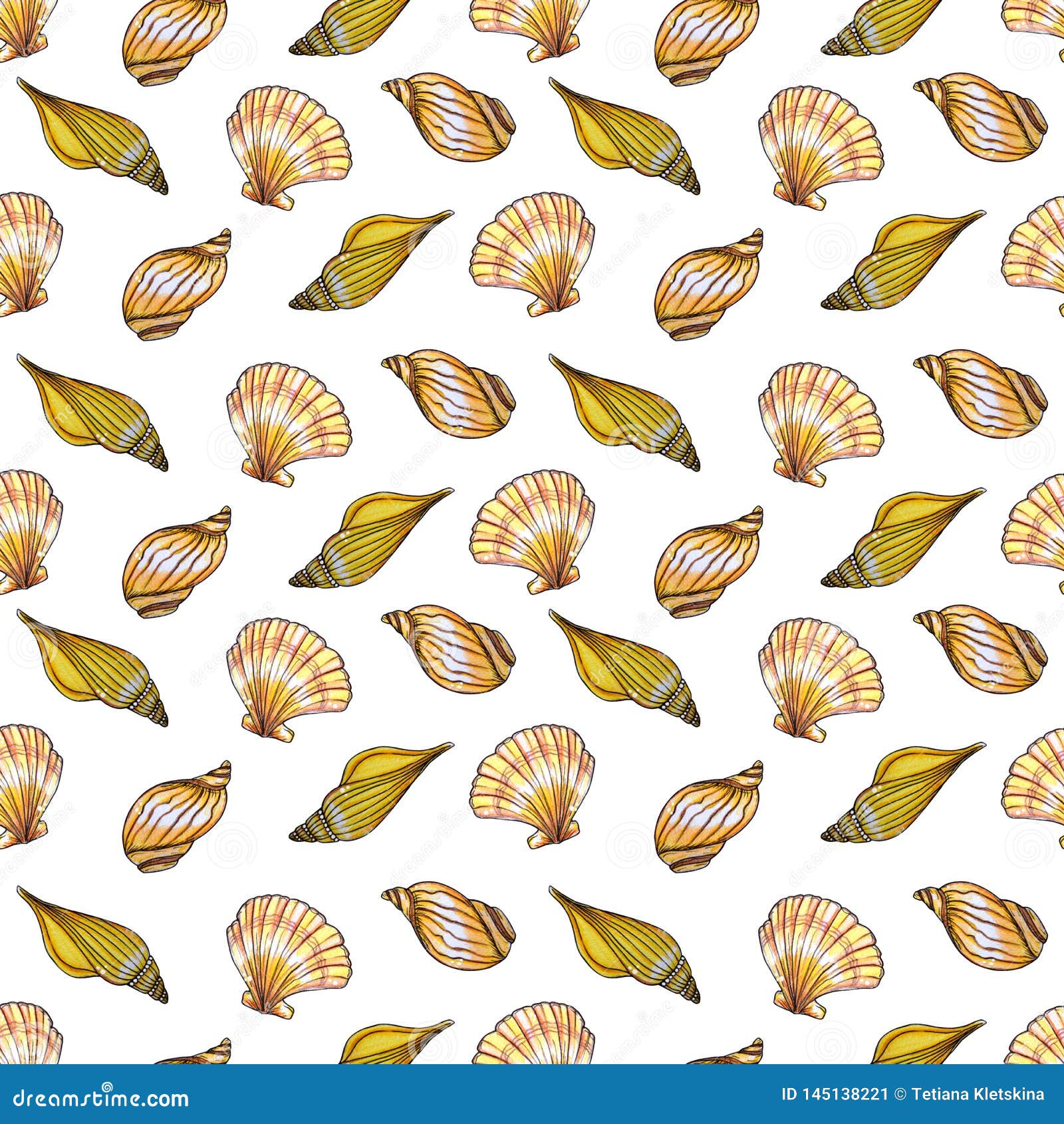 Hand Painted Watercolor Shells Seamless Pattern Stock Illustration ...
