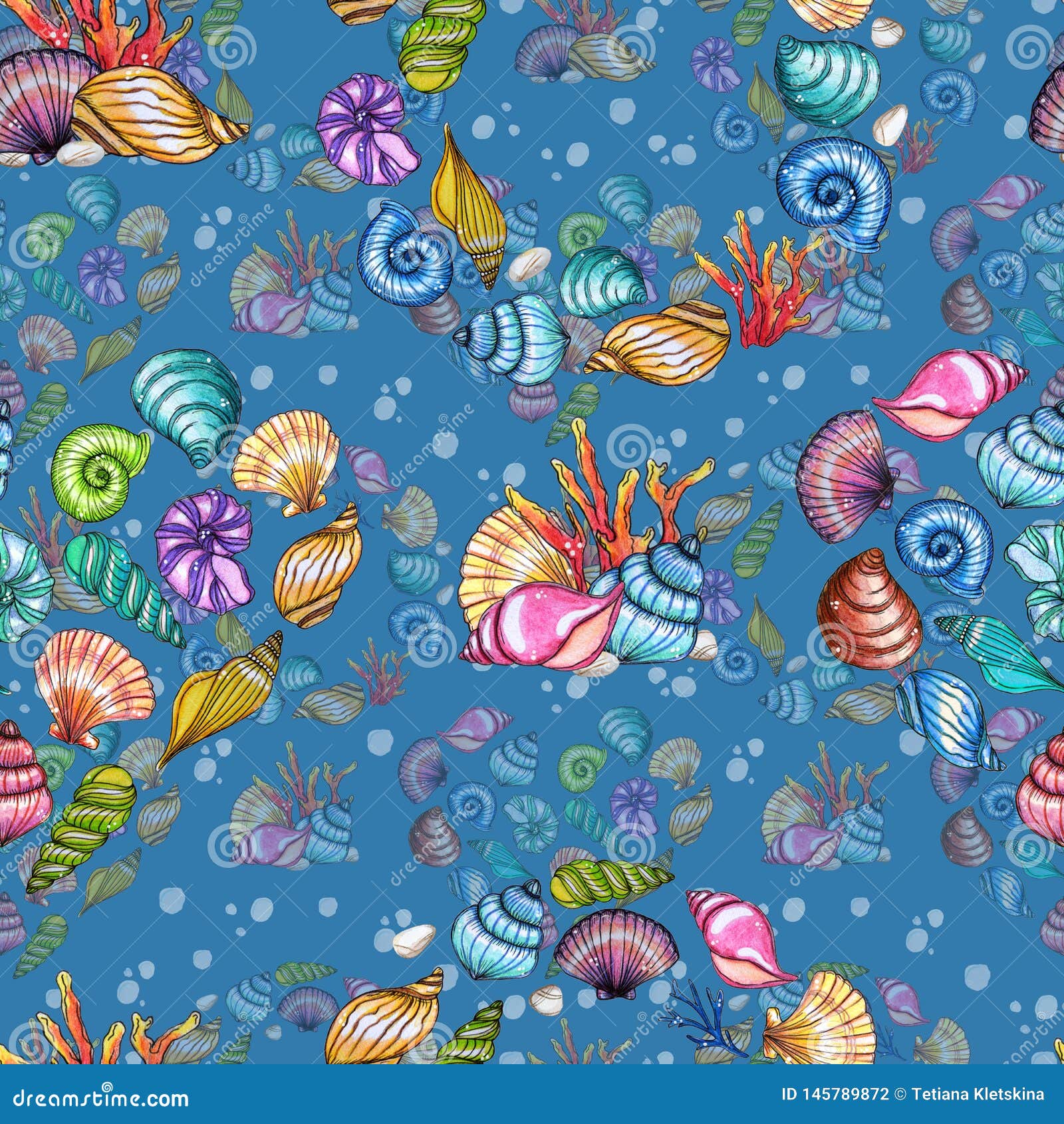 Hand Painted Watercolor Shells Seamless Pattern Isolated on Blue ...