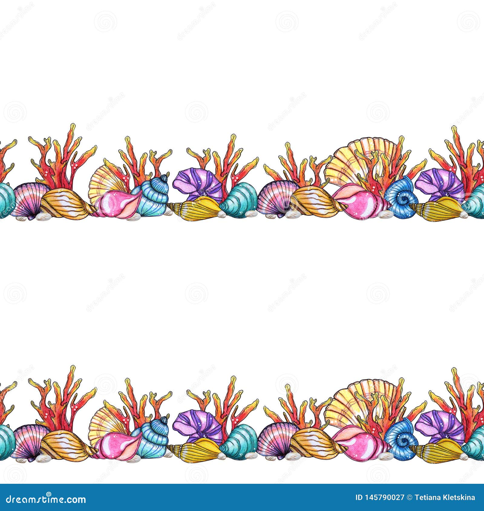Hand Painted Watercolor Shells Seamless Pattern Isolated on White ...